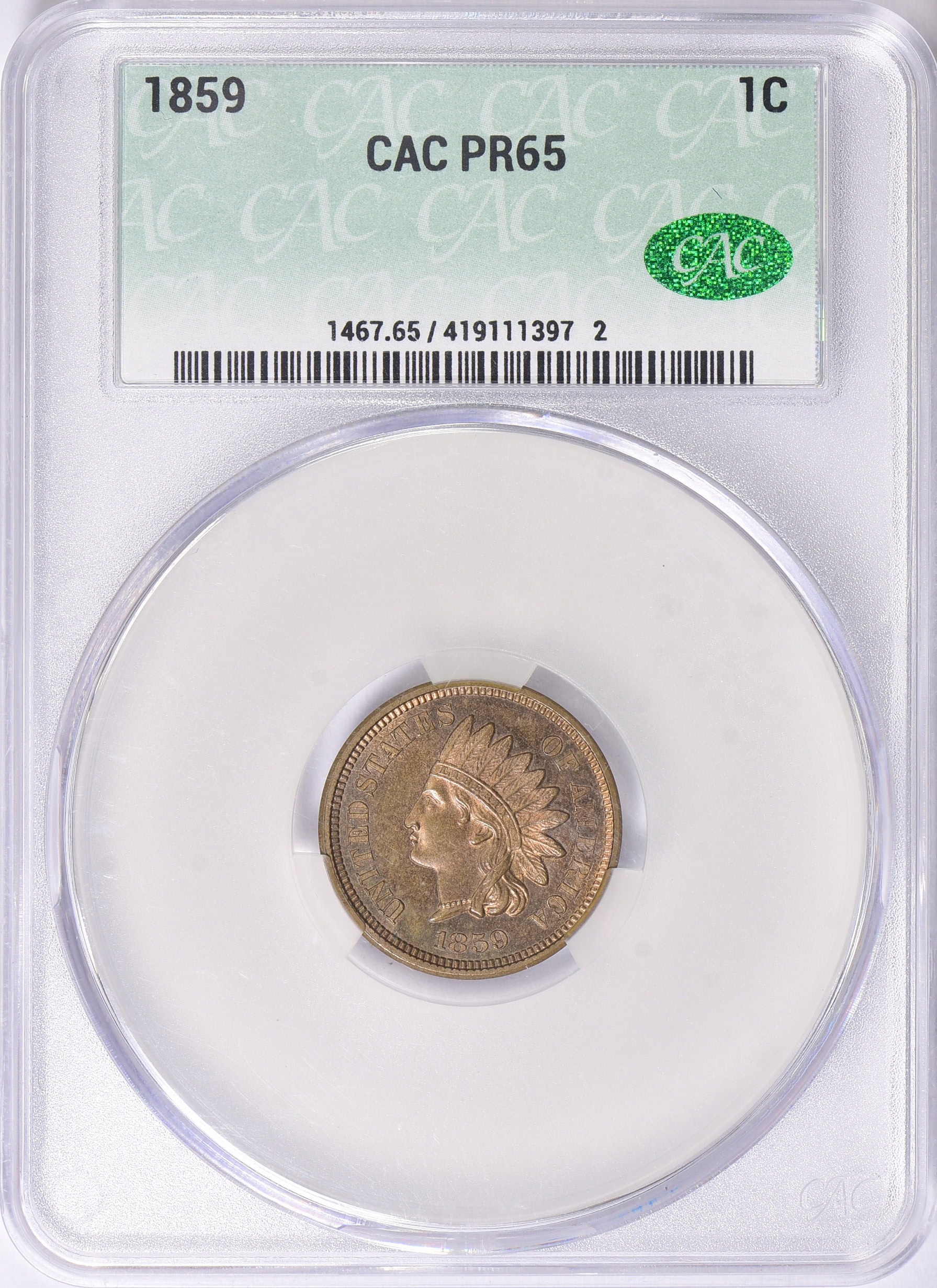 1859 Indian Cent CACG Proof-65 (Item 1727632) | GreatCollections Coin ...