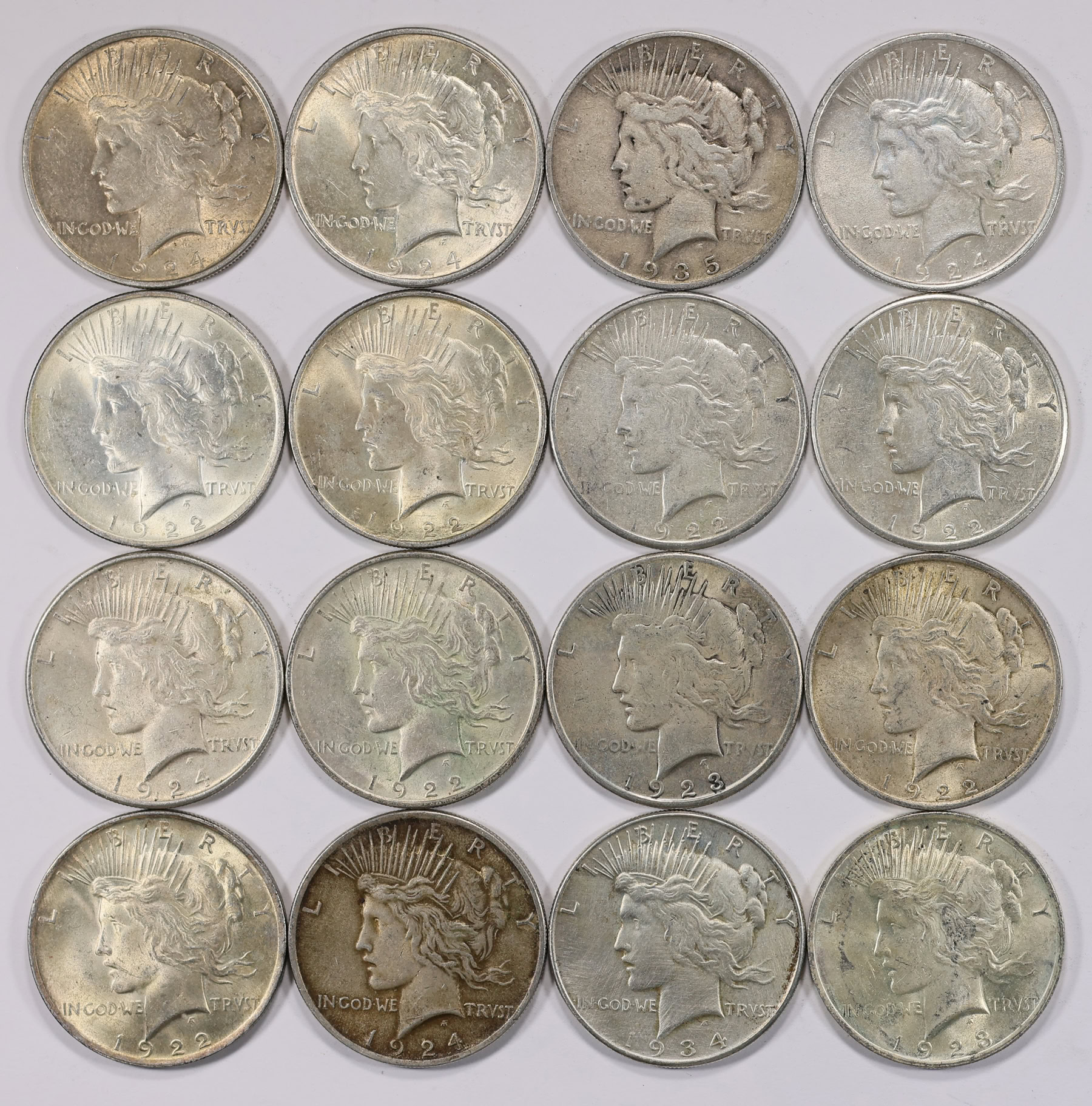 c.1922 - 1935 Peace Silver Dollar Selection Uncertified (16 Coins ...
