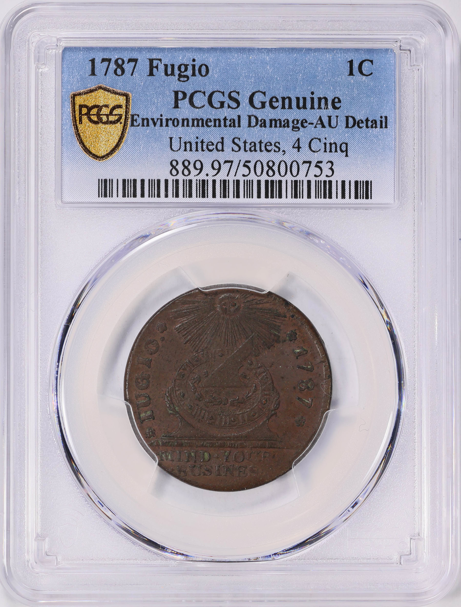 1787 Fugio Cent UNITED STATES, 4 Cinq PCGS Genuine AU Details (Item ...