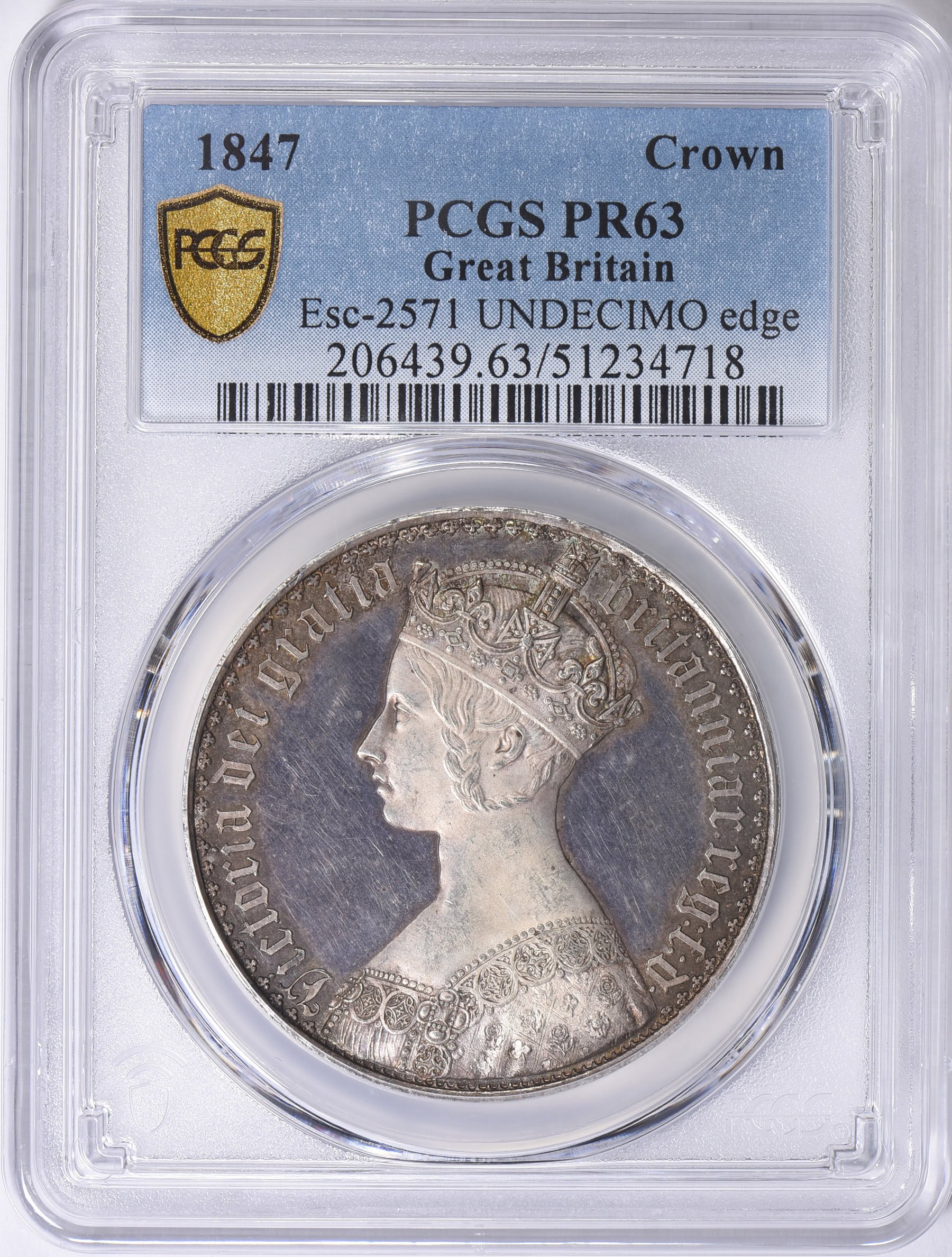 Great Britain 1847 Silver Gothic Crown UNDECIMO Edge KM-744 PCGS Proof ...