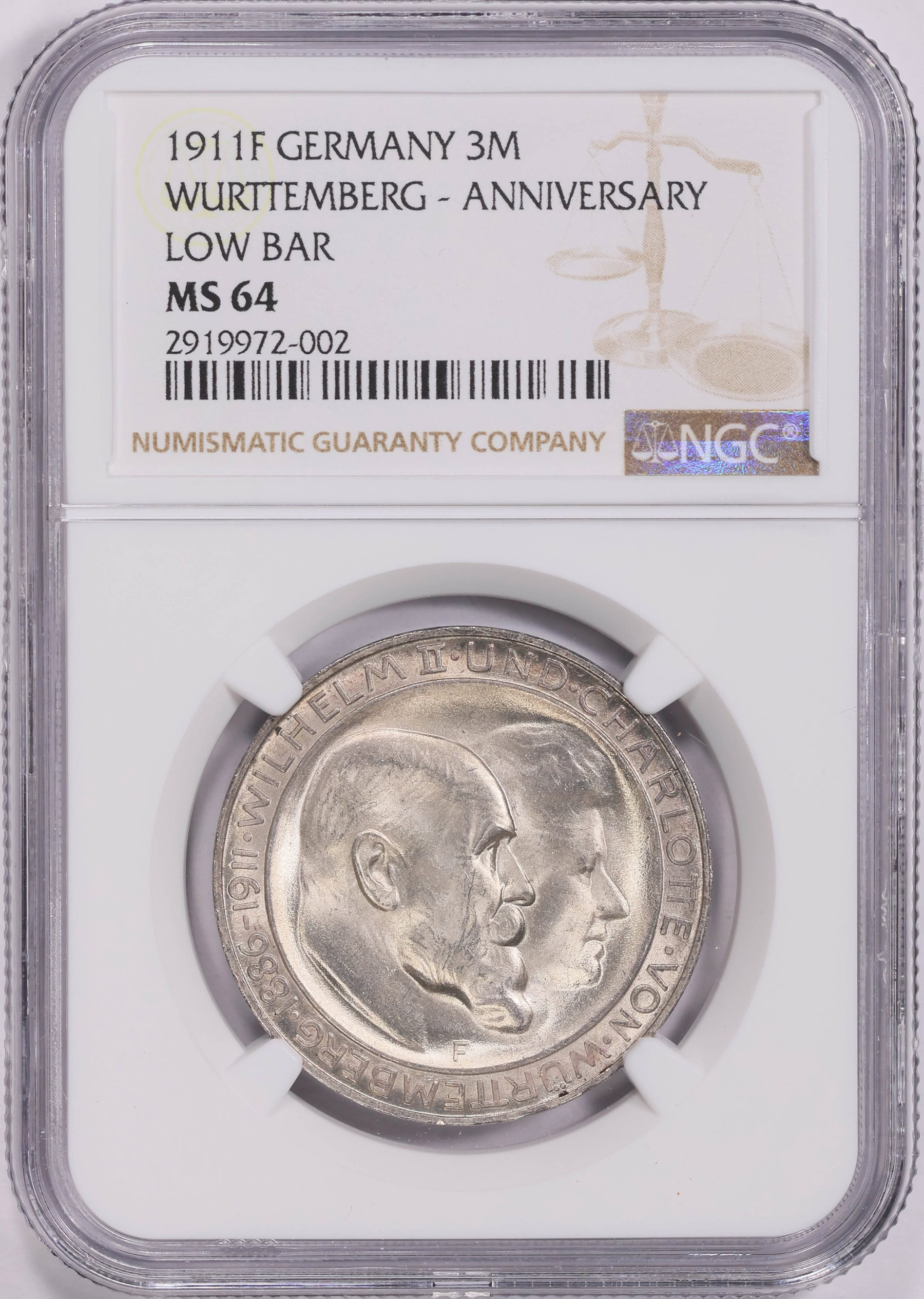 Germany - Wurttemberg 1911-F Silver 3 Marks Silver Wedding Anniversary Low Bar KM-636 NGC MS-64 ...