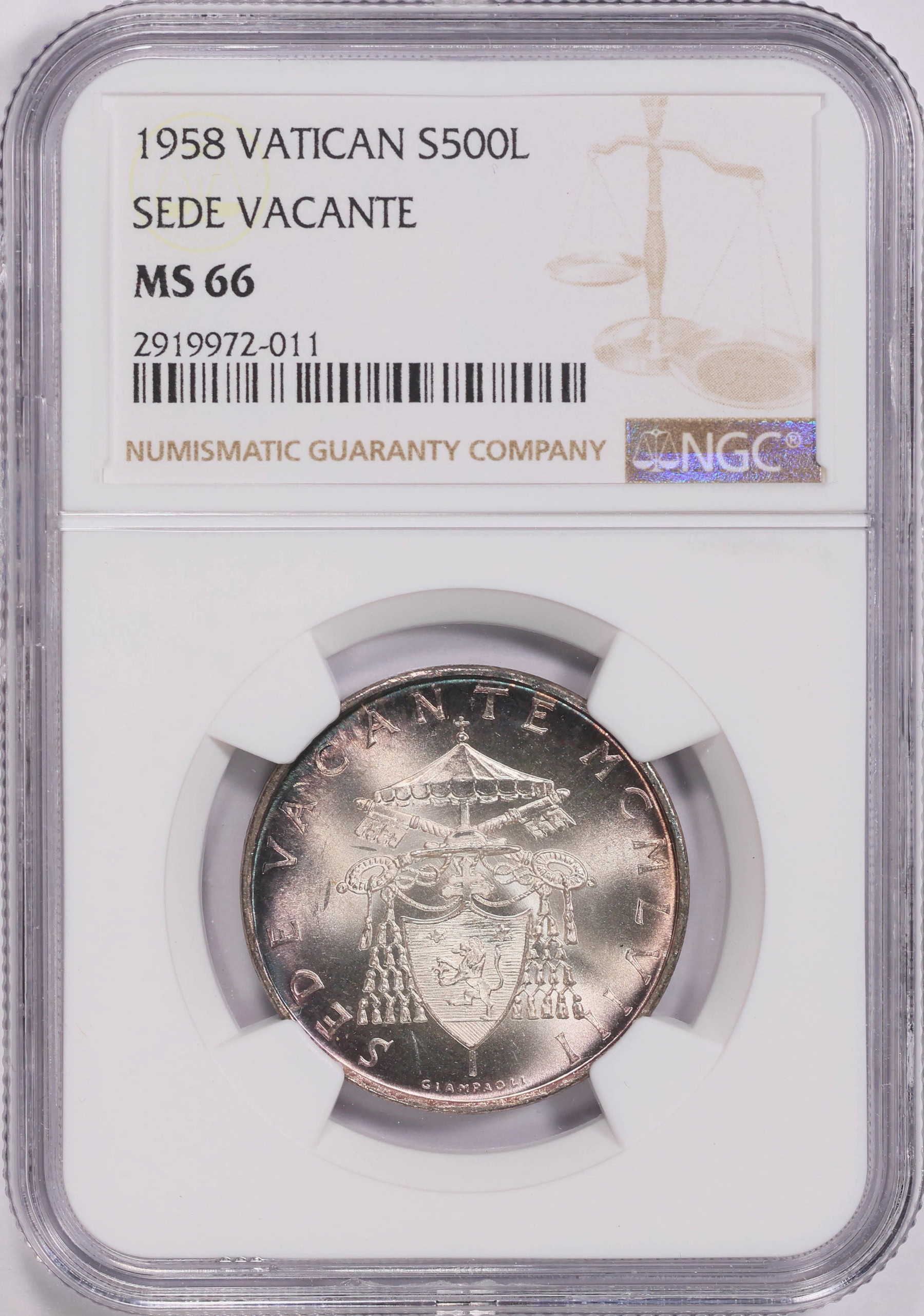Vatican City 1958 Silver 500 Lire Sede Vacante KM-57 NGC MS-66 (Toned) (Item 1727727 ...