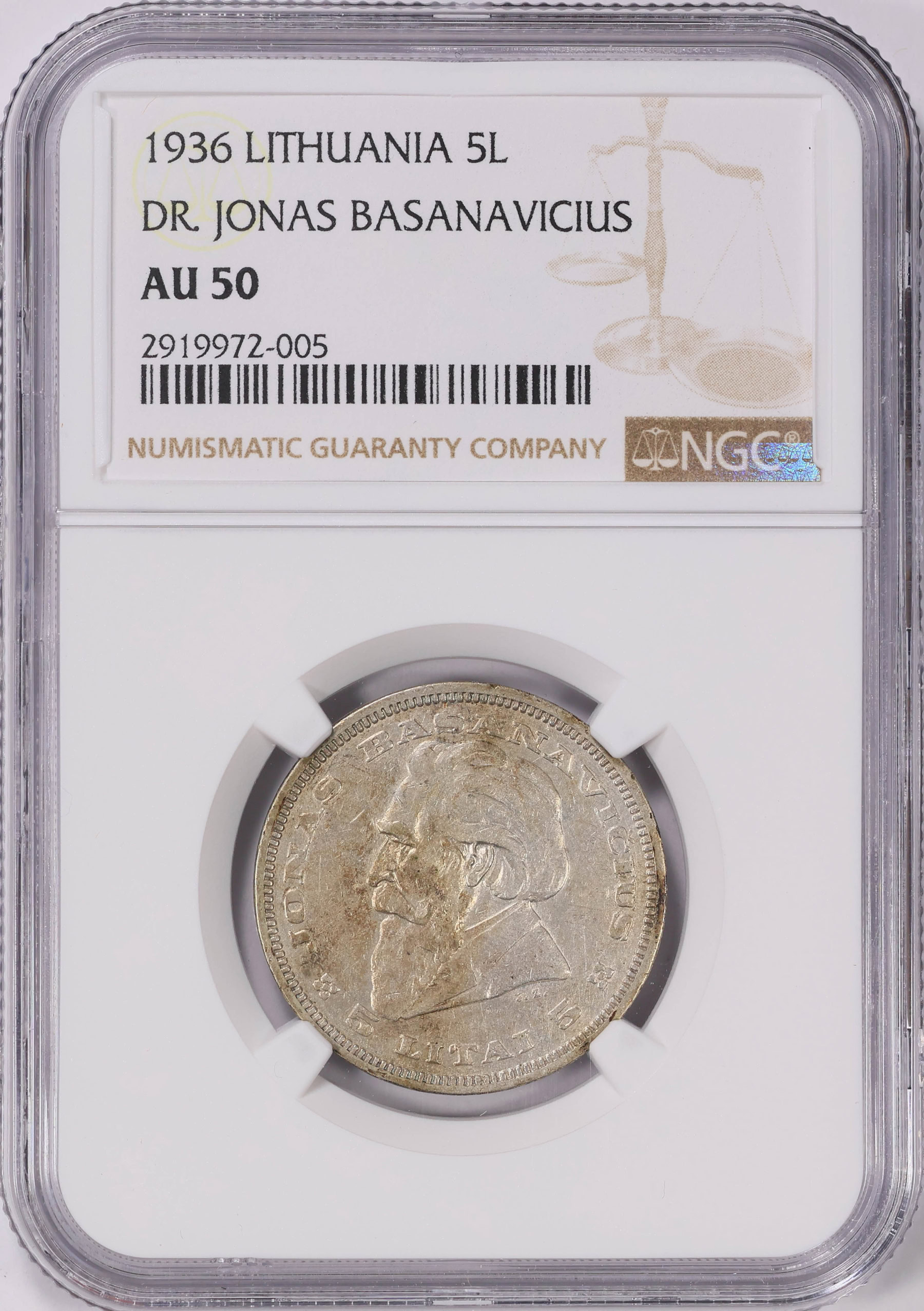 Lithuania 1936 Silver 5 Litai Dr. Jonas Basanavicius KM-82 NGC AU-50 ...