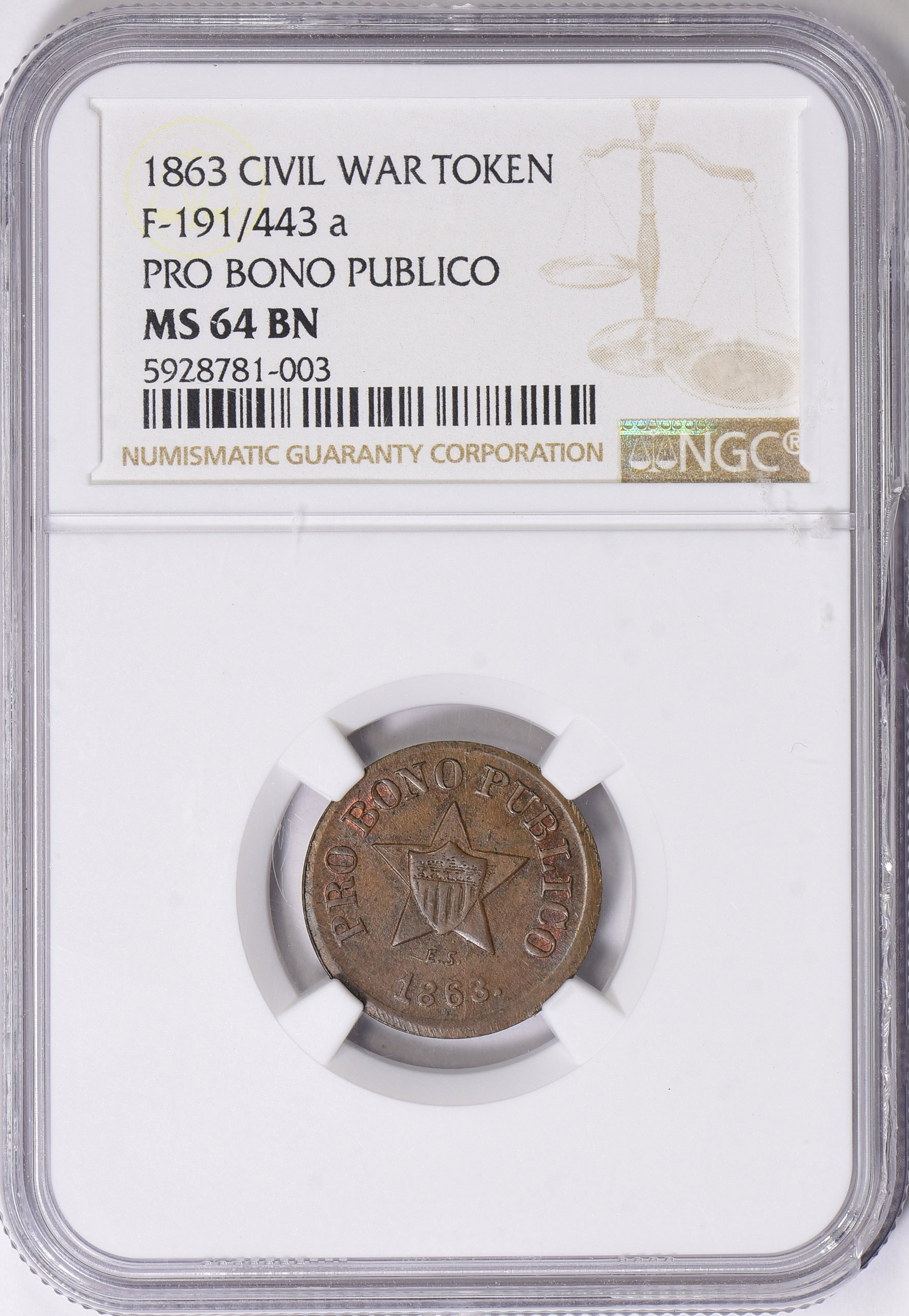 1863 Pro Bono Publico Civil War Token F-191/443a NGC MS-64 BN (Item ...