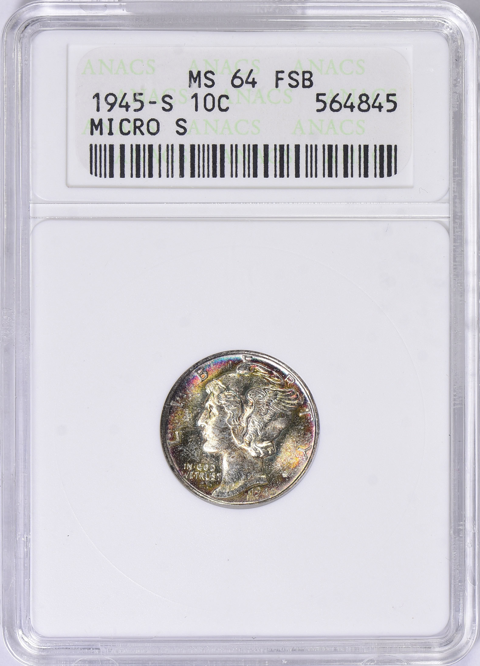 1945-S Mercury Dime Micro S ANACS MS-64 FB OH (Toned) (Item 1727814) | GreatCollections Coin ...