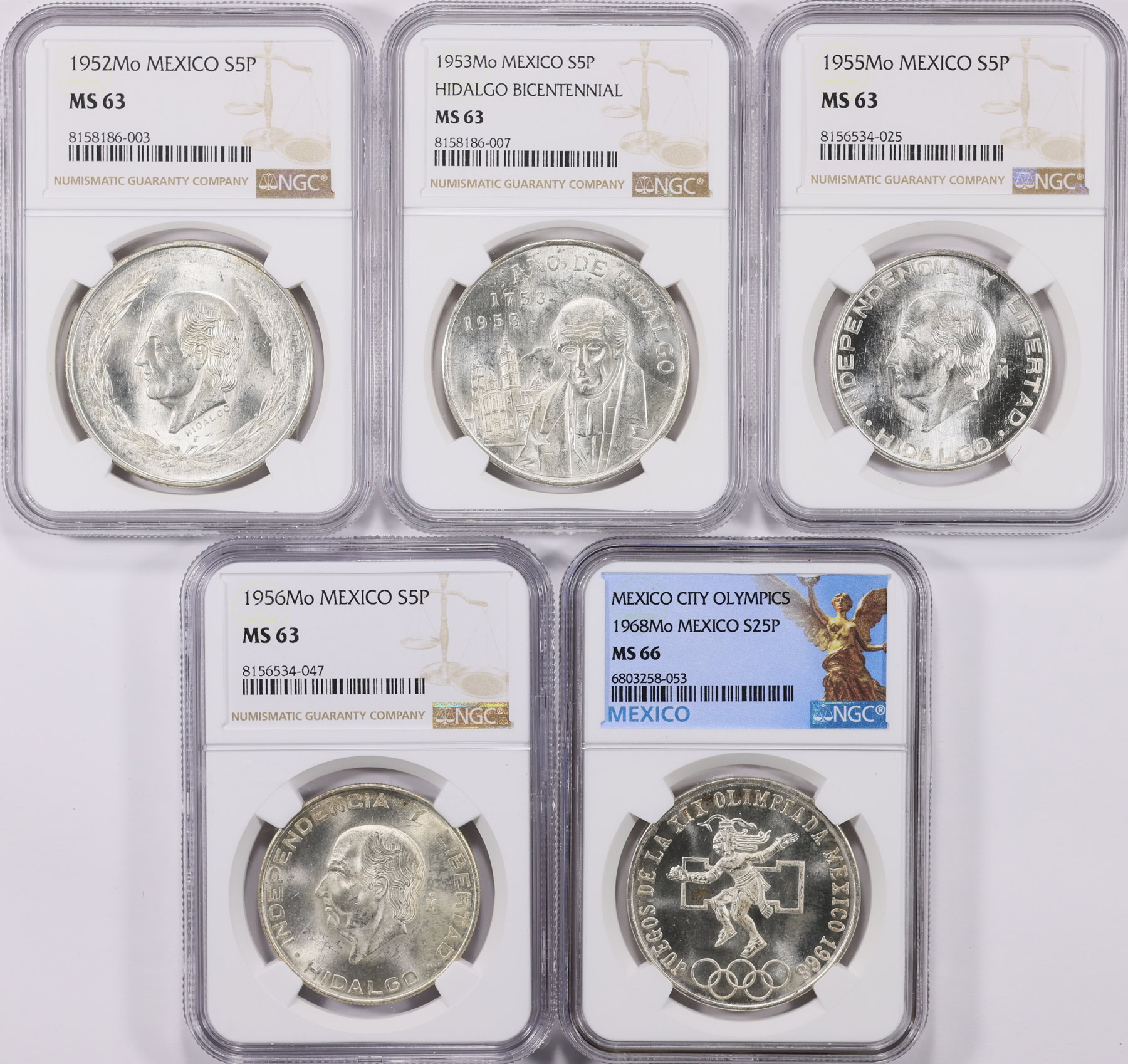 Mexico c.1952-1968 Silver 5 Pesos & 25 Pesos Selection NGC MS-63(x4 ...