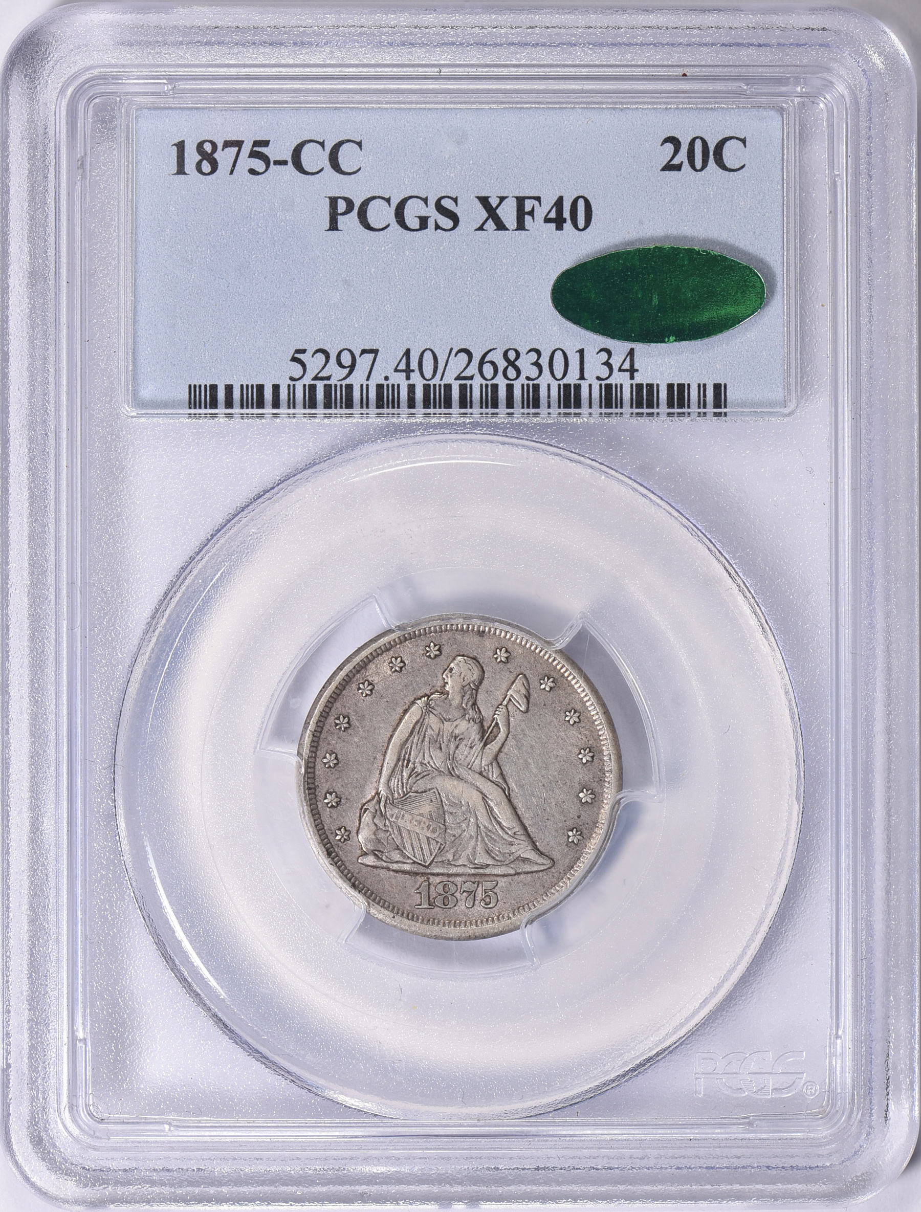 1875-CC Twenty-Cent Piece PCGS XF-40 (CAC Green) (Item 1727894) | GreatCollections Coin Auctions