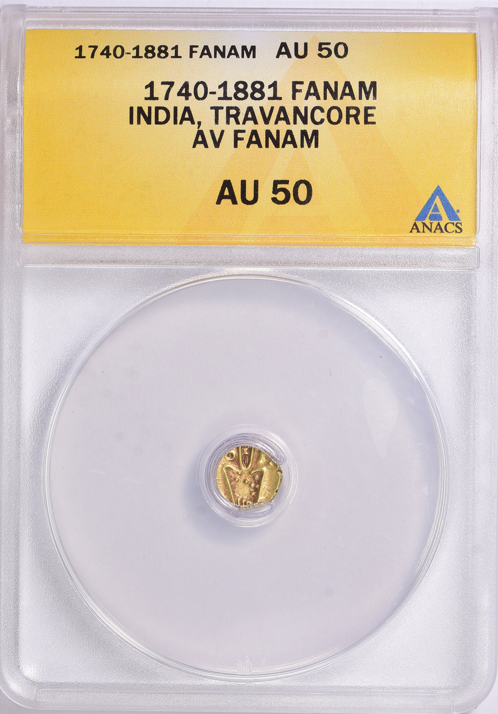 India - Travancore ND (1740-1881) Gold Viraraya Fanam KM-30 ANACS AU-50 ...