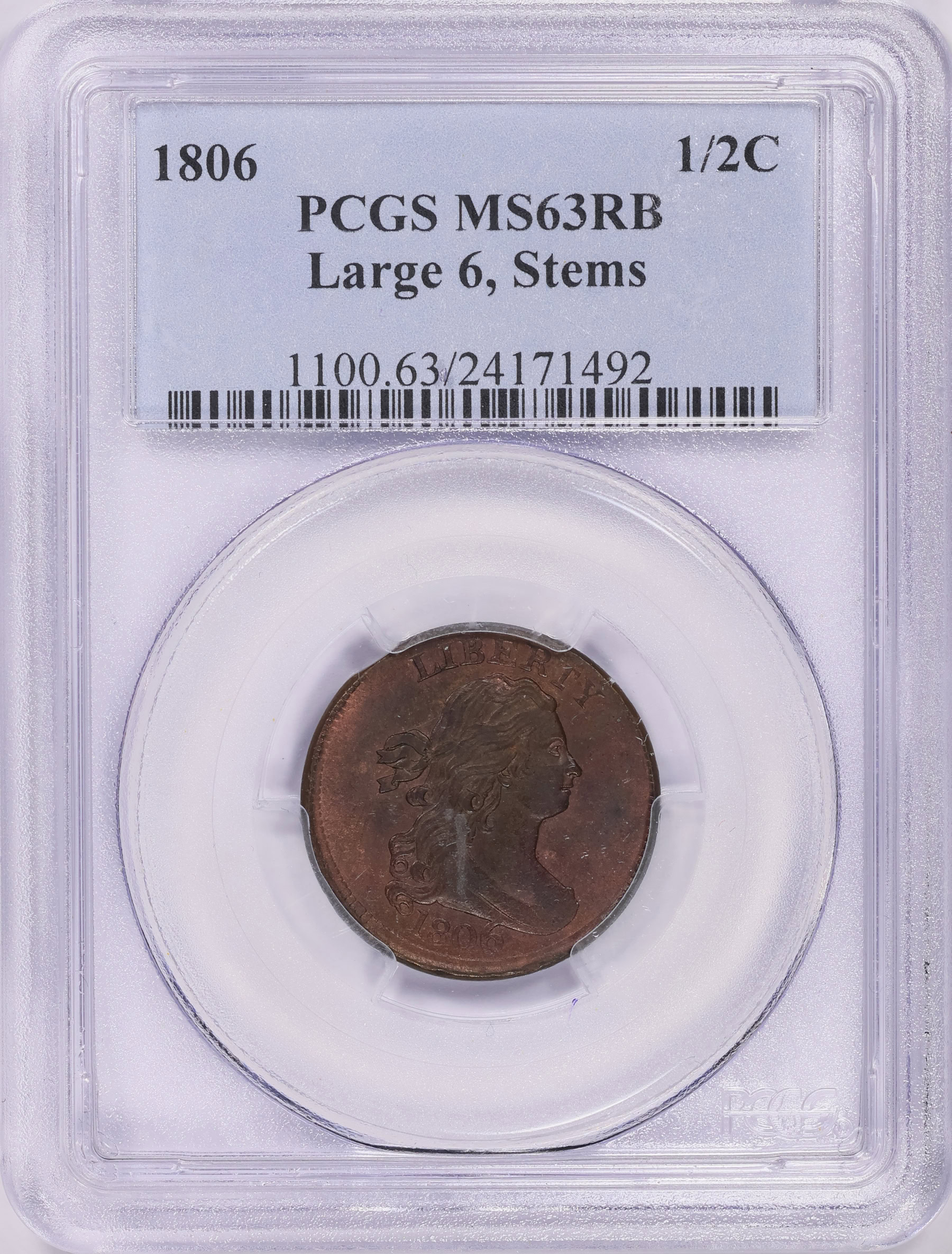 1806 Draped Bust Half Cent Large 6, Stems PCGS MS-63 RB (Item 1728058 ...
