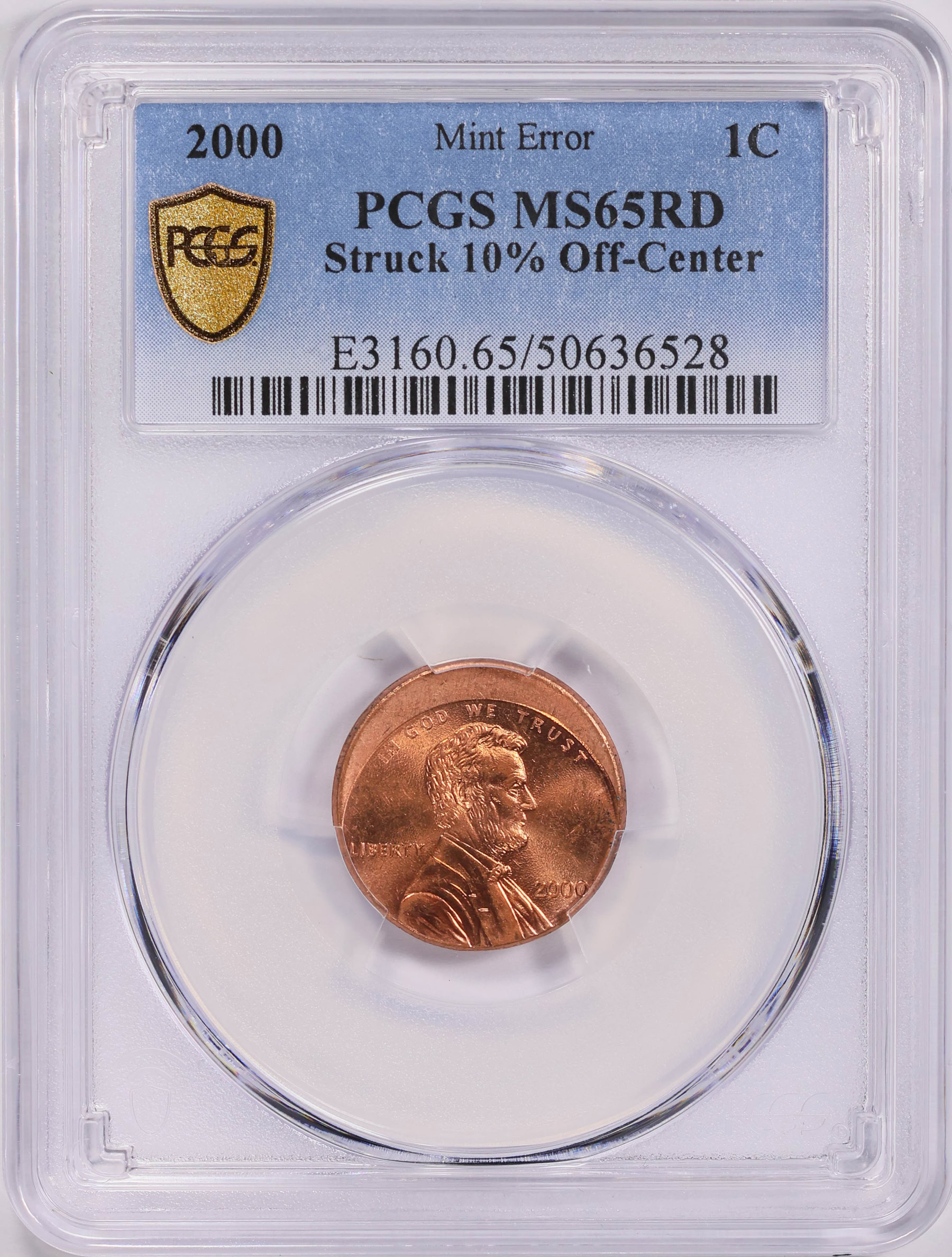 Mint Error 2000 Lincoln Cent Struck 10% Off Center PCGS MS-65 RD | PCGS Cert #50636528 ...
