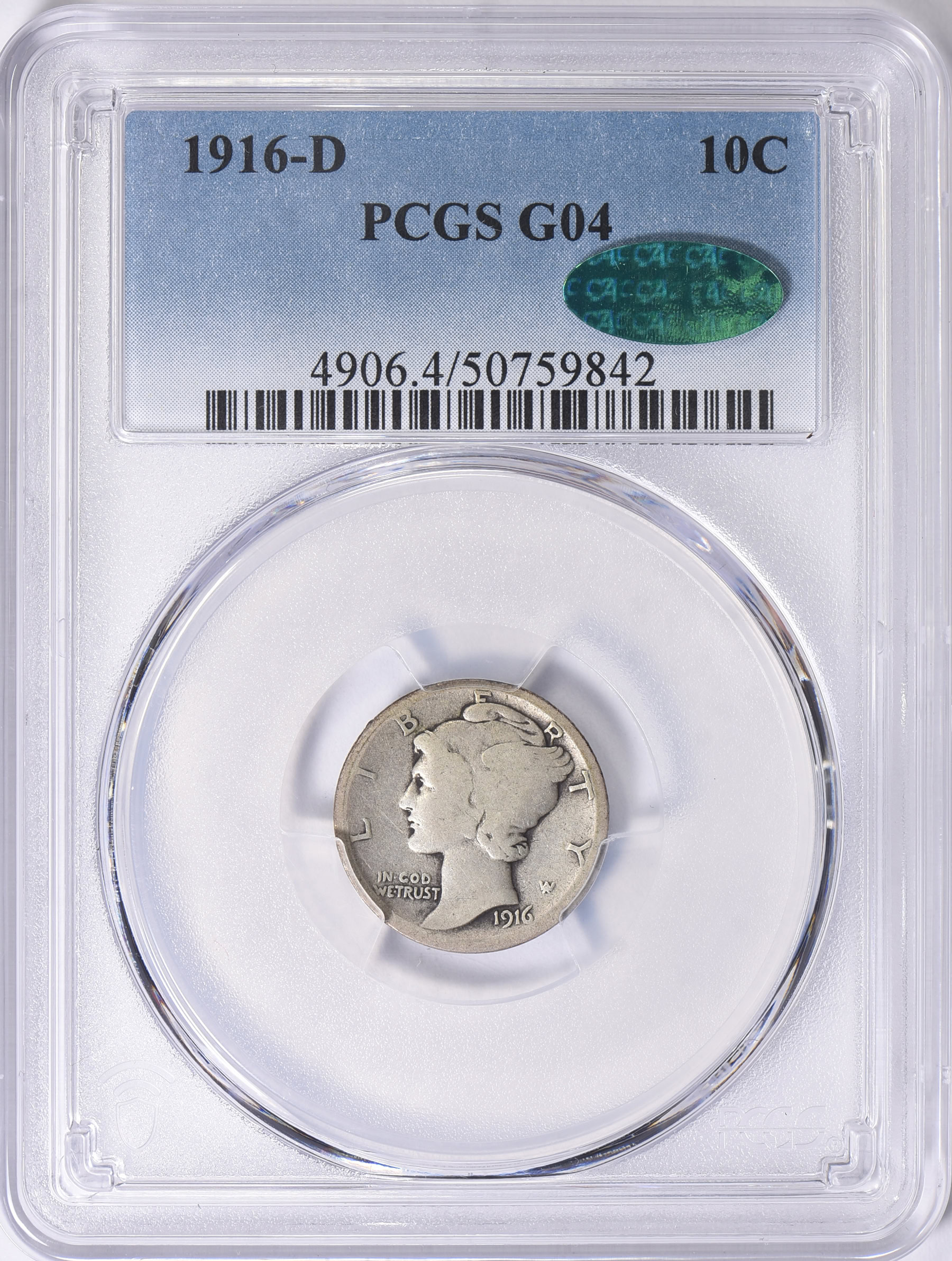 1916-D Mercury Dime PCGS G-4 (CAC Green) (Item 1728241) | GreatCollections Coin Auctions