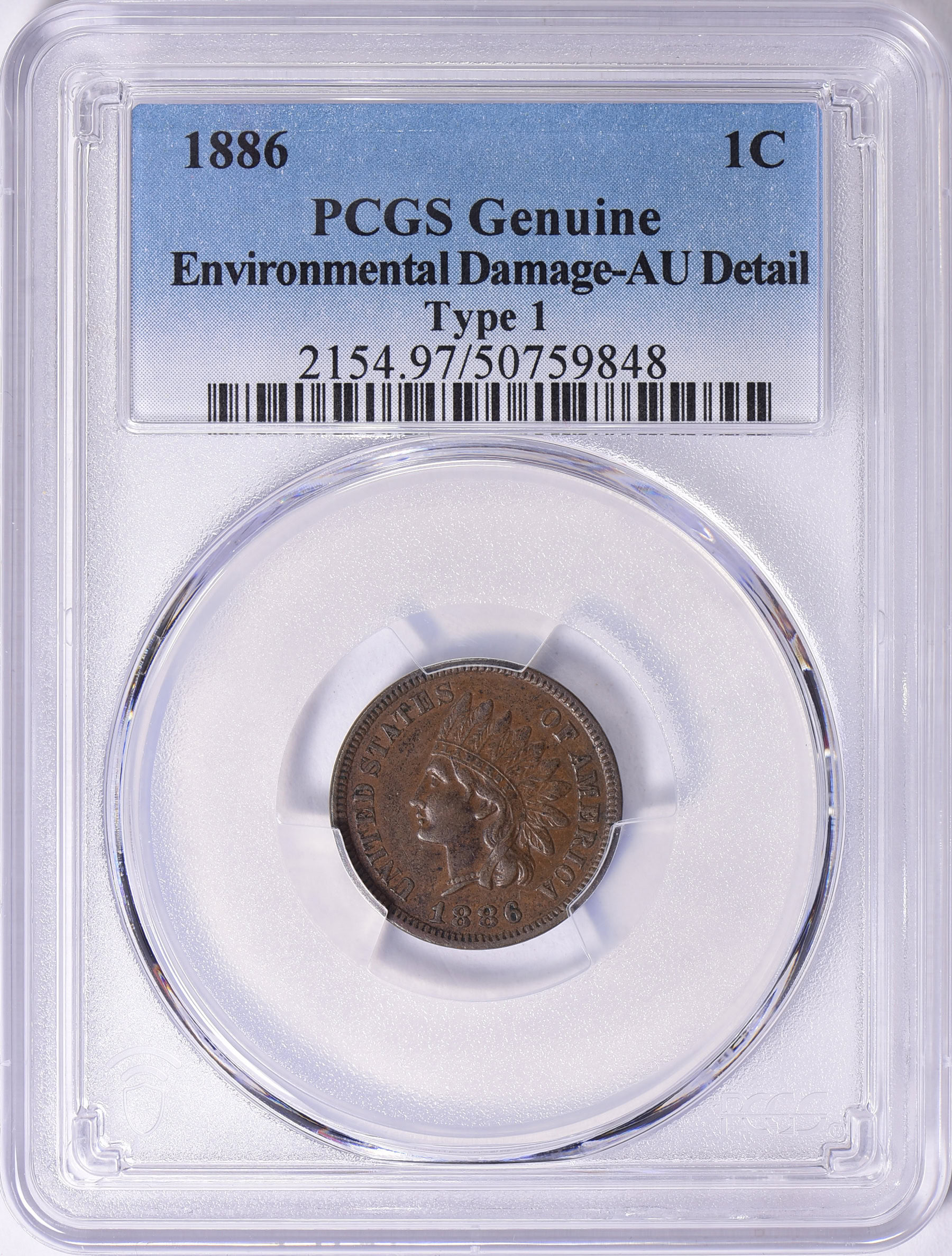 1886 Indian Cent Variety 1 PCGS Genuine AU Details (Item 1728247) | GreatCollections Coin Auctions