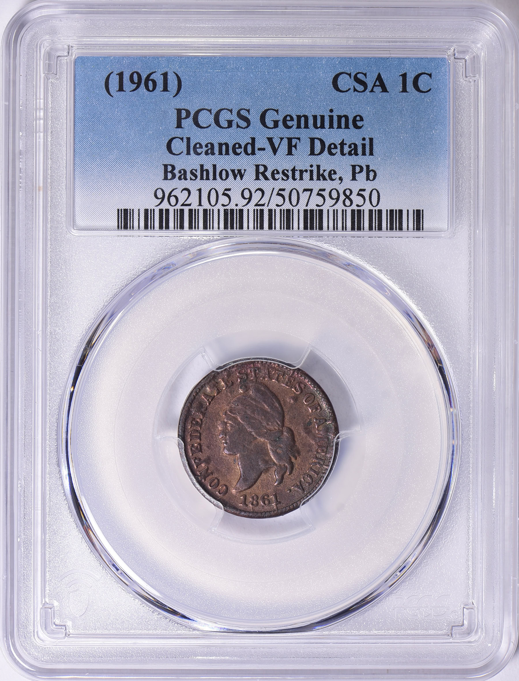 (1961) Confederate States of America 1c CSA-Bashlow Restrike, Pb PCGS ...