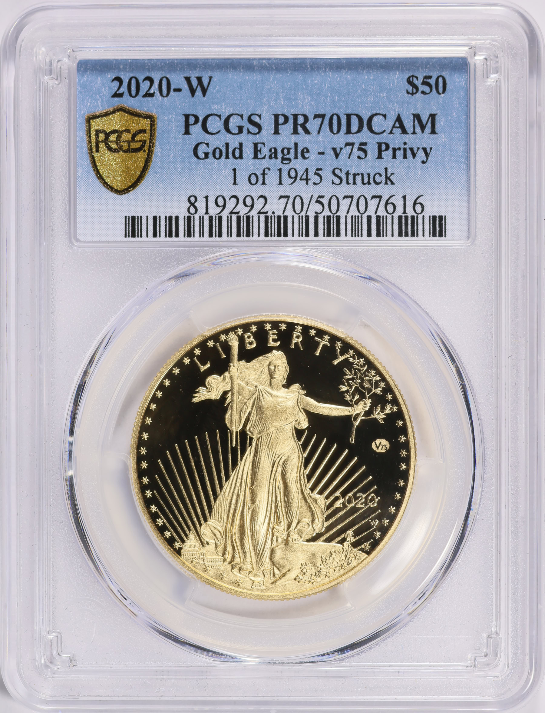 2020-W $50 One-Ounce Gold American Eagle V75 Privy 1 of 1945 Struck PCGS Proof-70 DCAM (With ...