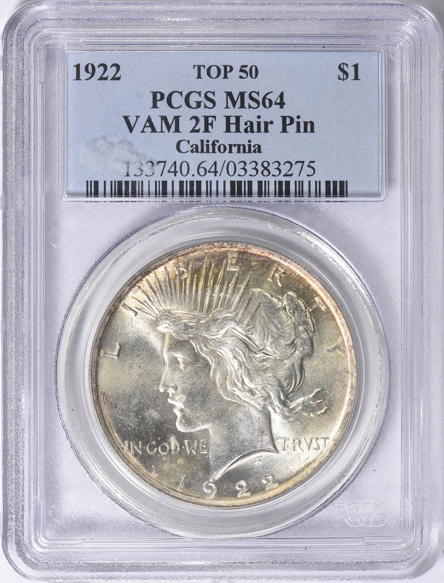 1922 Peace Silver Dollar Hair Pin VAM-2F Top 50 PCGS MS-64 (Toned) (California Collection) (Item ...