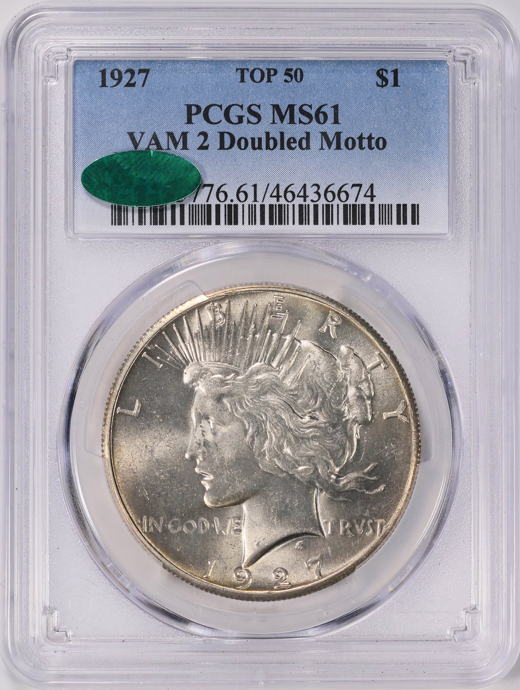 1927 Peace Silver Dollar Doubled Motto VAM-2 Top 50 PCGS MS-61 (CAC Green) (Item 1728395 ...
