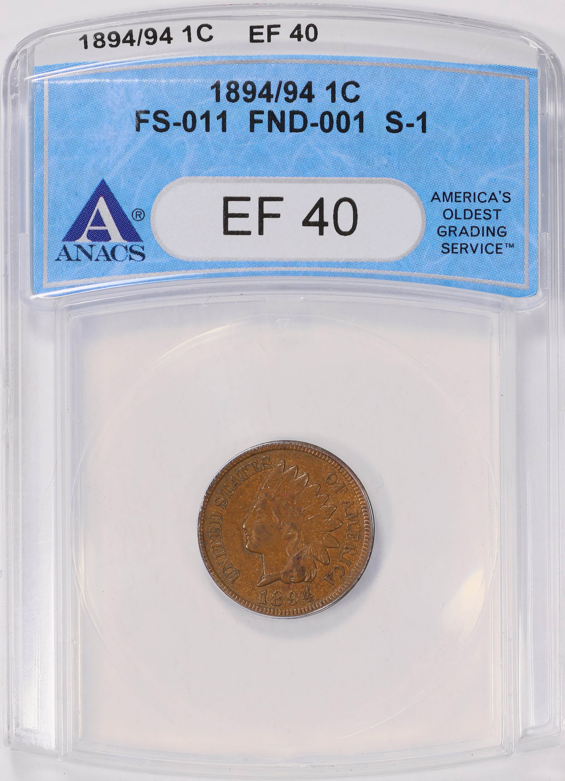 1894/1894 Indian Cent Repunched Date FS-011 S-1 FND-001 ANACS XF-40 BN (Item 1728507 ...