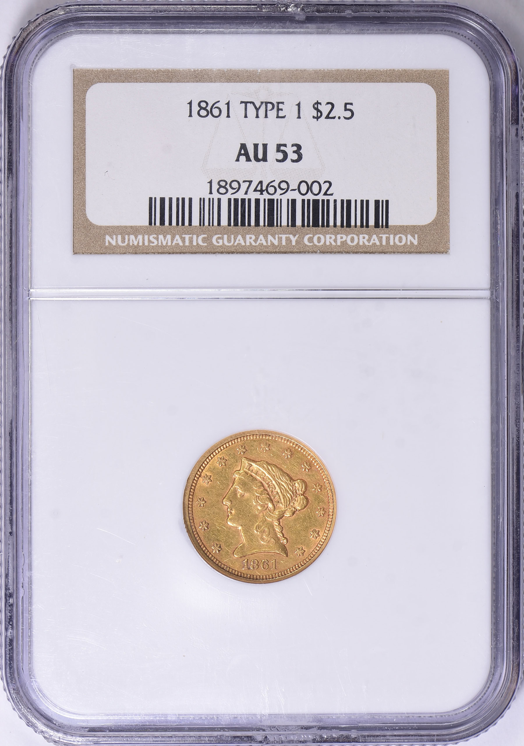 1861 Liberty Gold Quarter Eagle Type 1 NGC AU-53 (Item 1728572) | GreatCollections Coin Auctions