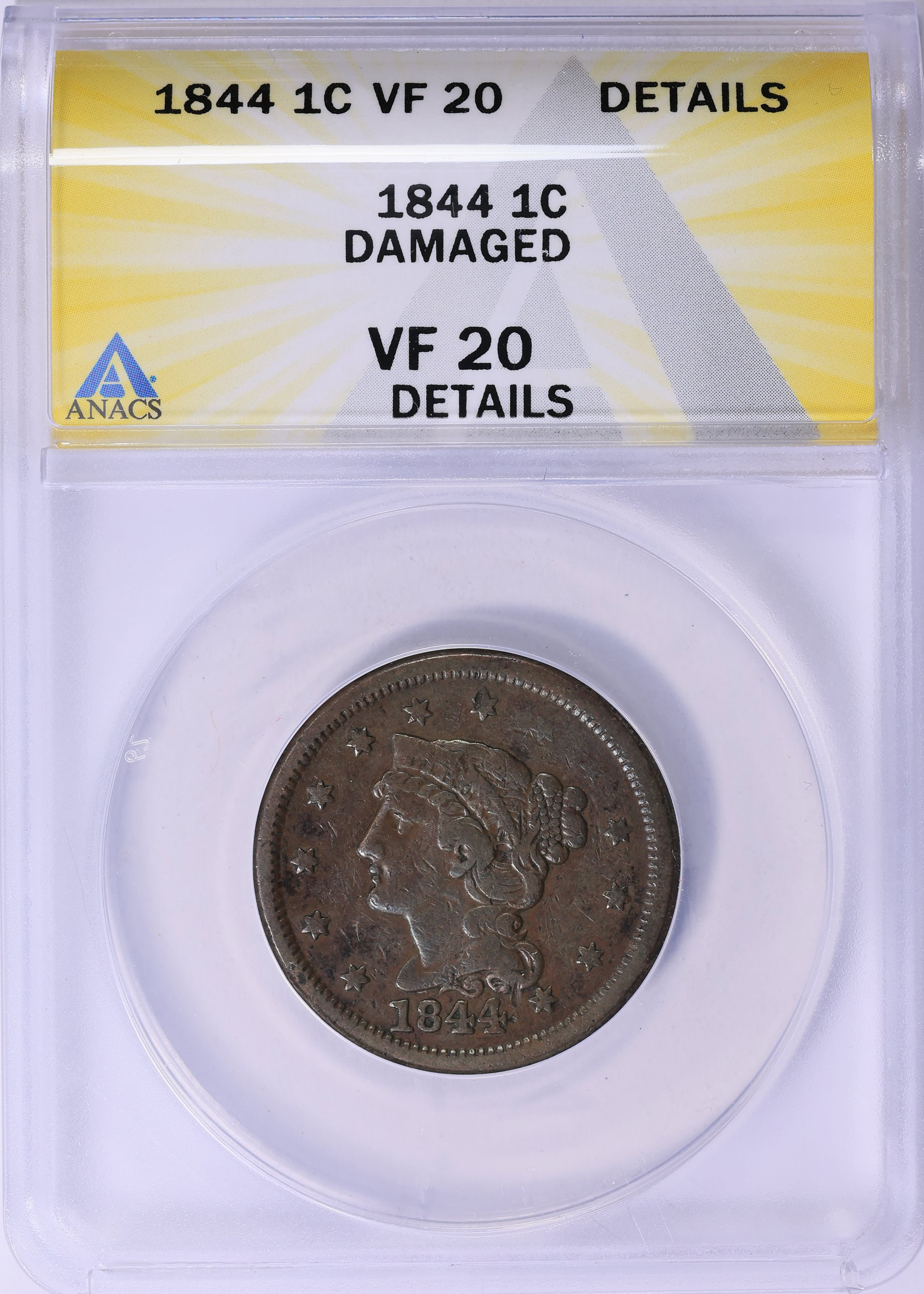 1844 Braided Hair Cent ANACS VF-20 Details (Item 1728793) | GreatCollections Coin Auctions