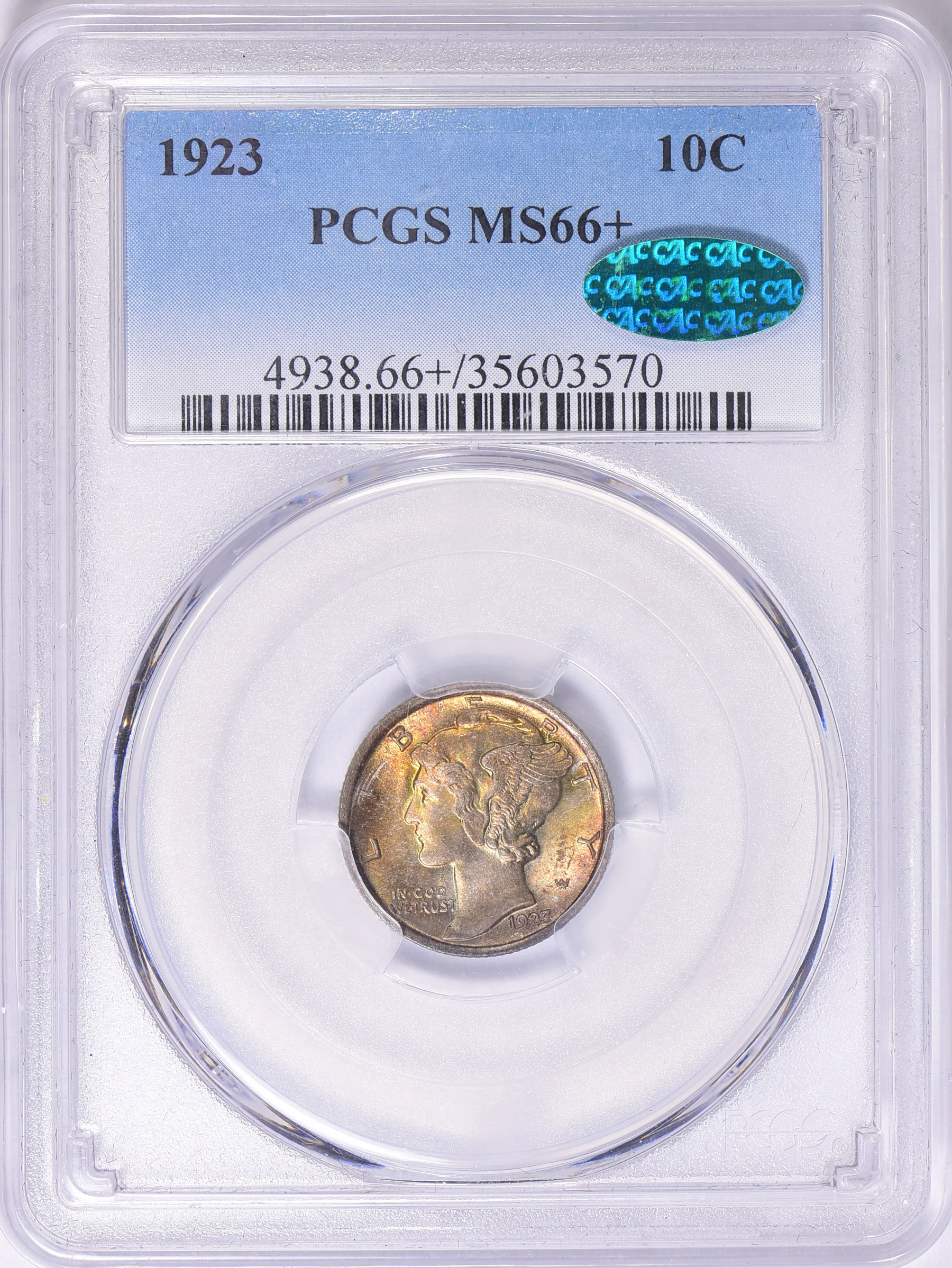 1923 Mercury Dime PCGS MS-66+ (CAC Green) (Toned) (Item 1728963) | GreatCollections Coin Auctions