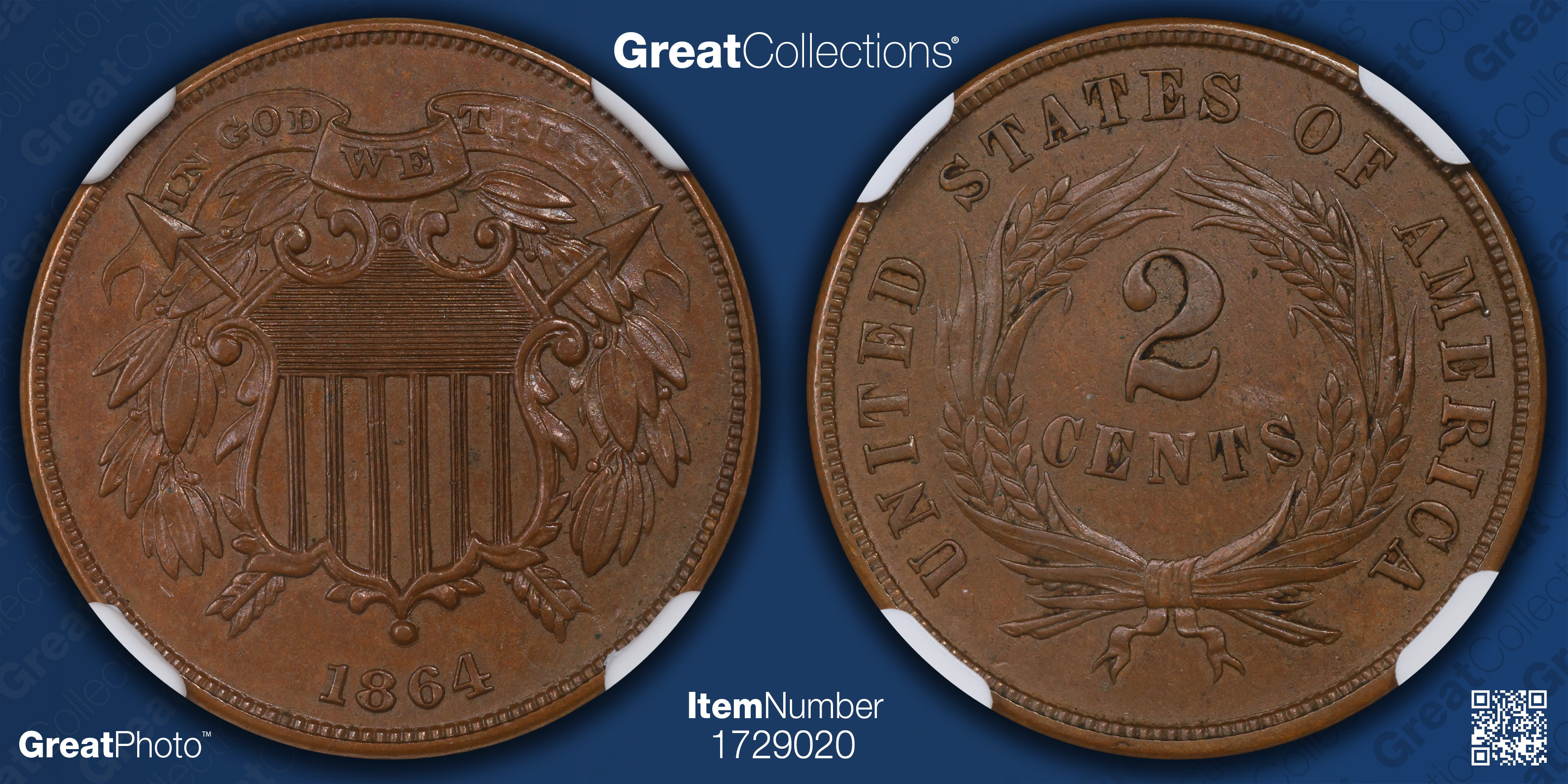 1864 Two-Cent Piece Small Motto NGC MS-63 BN (Item 1729020 ...