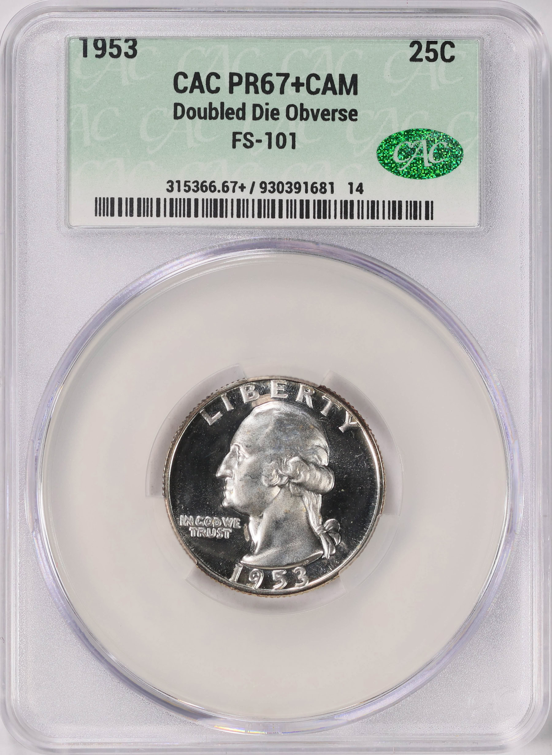 1953 Washington Quarter Doubled Die Obverse FS-101 CACG Proof-67+ CAMEO (Item 1729050 ...