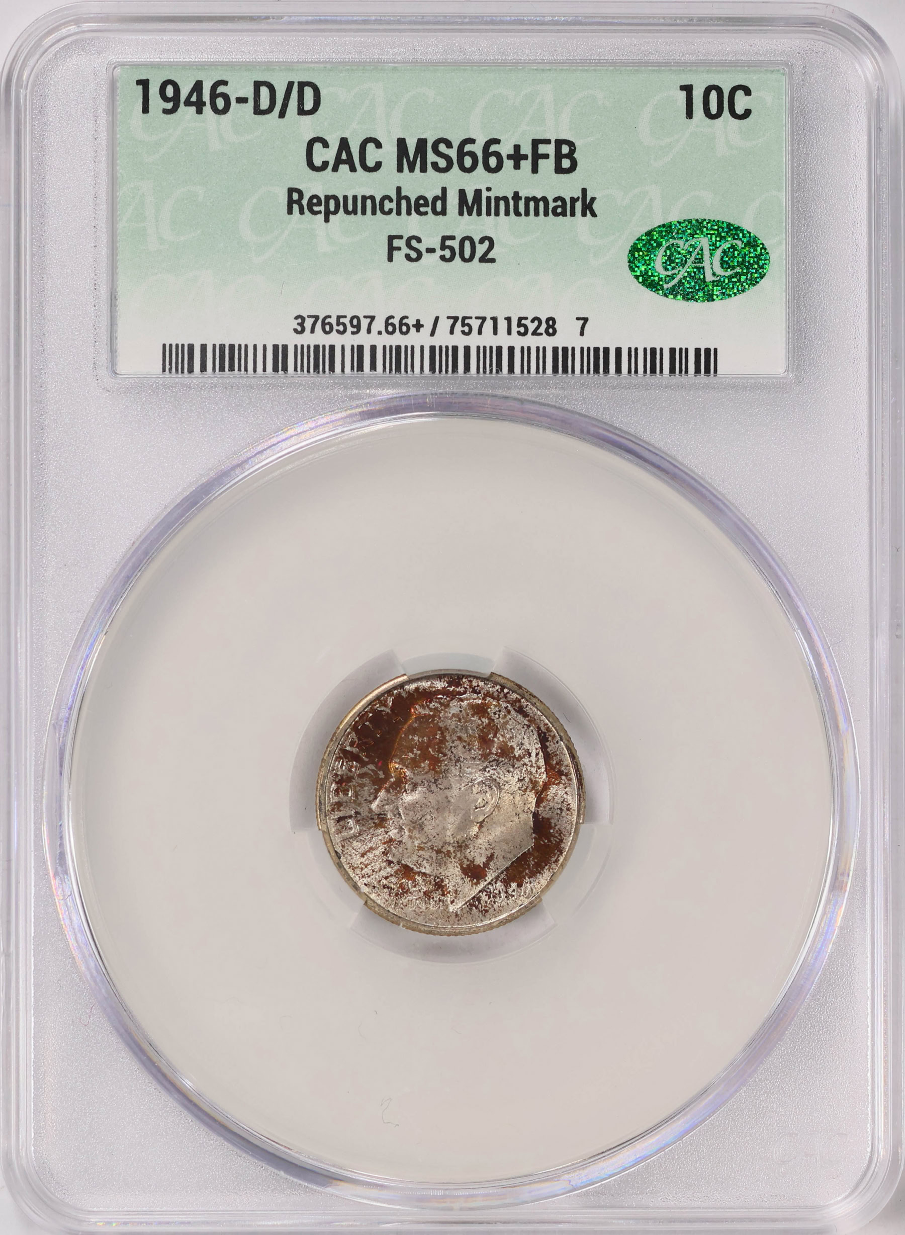 1946-D/D Roosevelt Dime Repunched Mintmark FS-502 CACG MS-66+ FB (Item ...