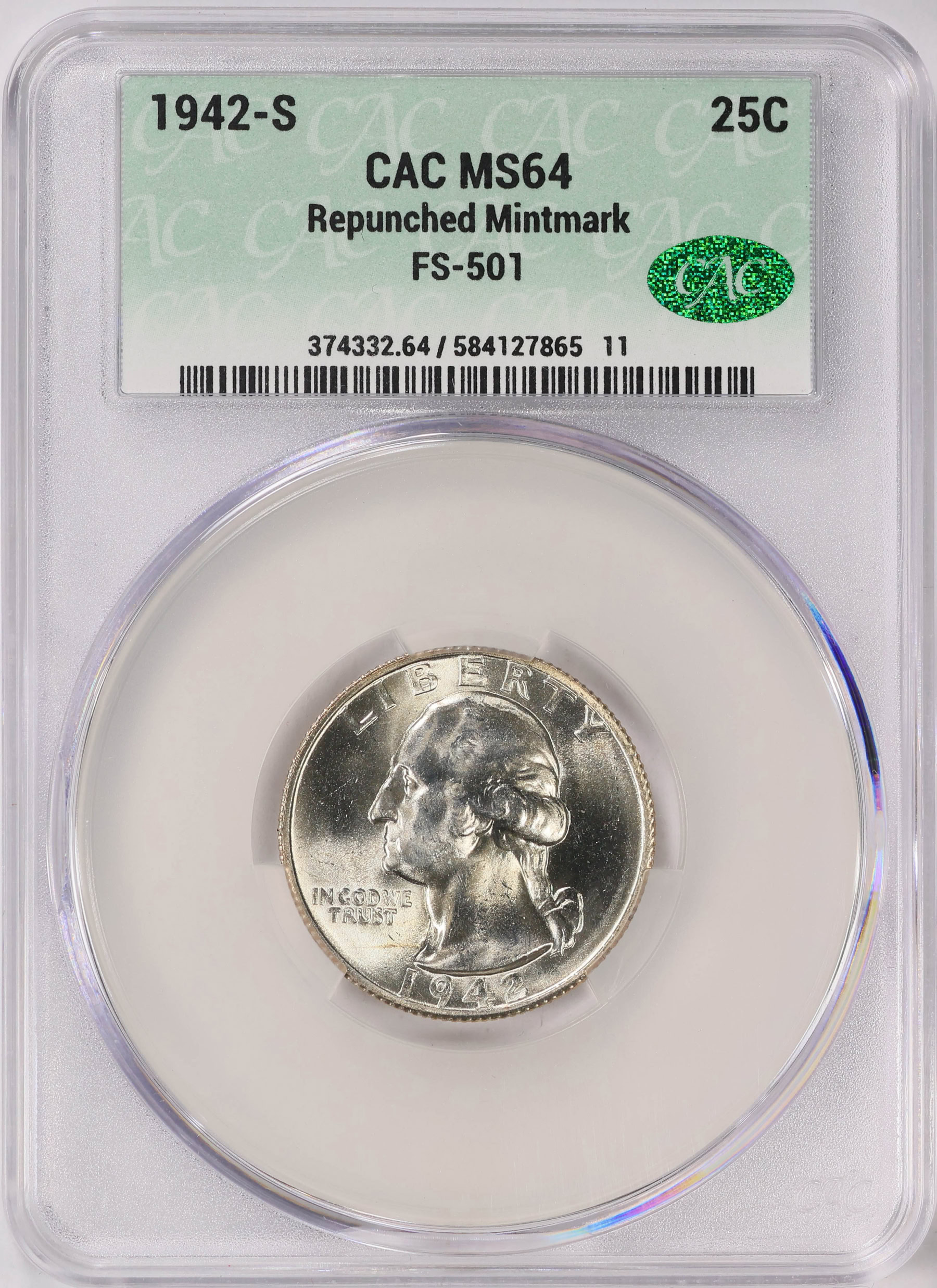 1942-S Washington Quarter Repunched Mintmark FS-501 CACG MS-64 (Item 1729056) | GreatCollections ...