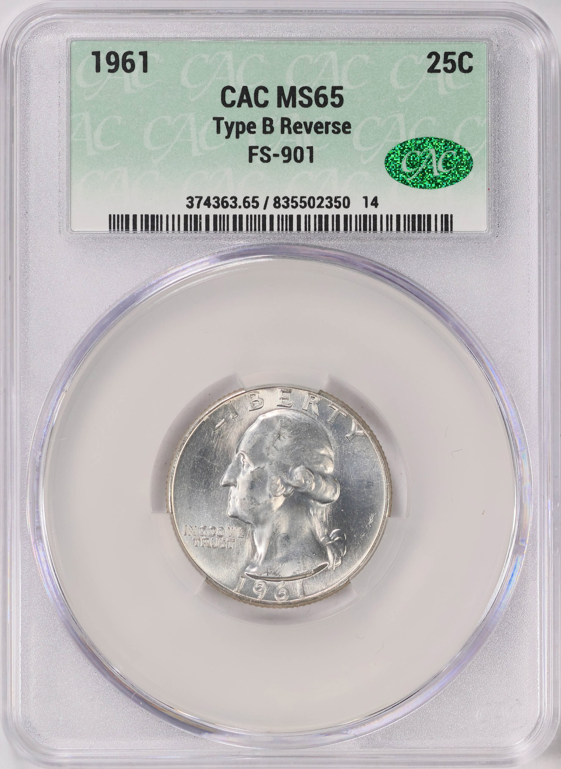 1961 Washington Quarter Type B Reverse FS-901 CACG MS-65 (Item 1729057) | GreatCollections Coin ...
