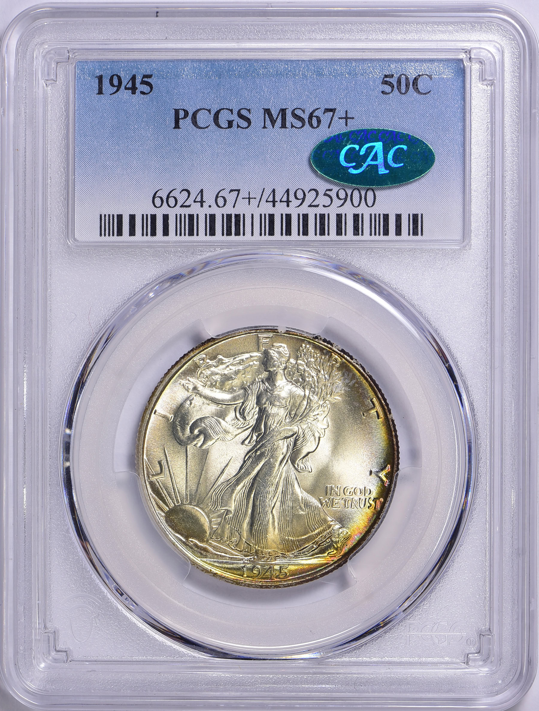 1945 Walking Liberty Half Dollar PCGS MS-67+ (CAC Green) (Toned) (Item 1729090 ...