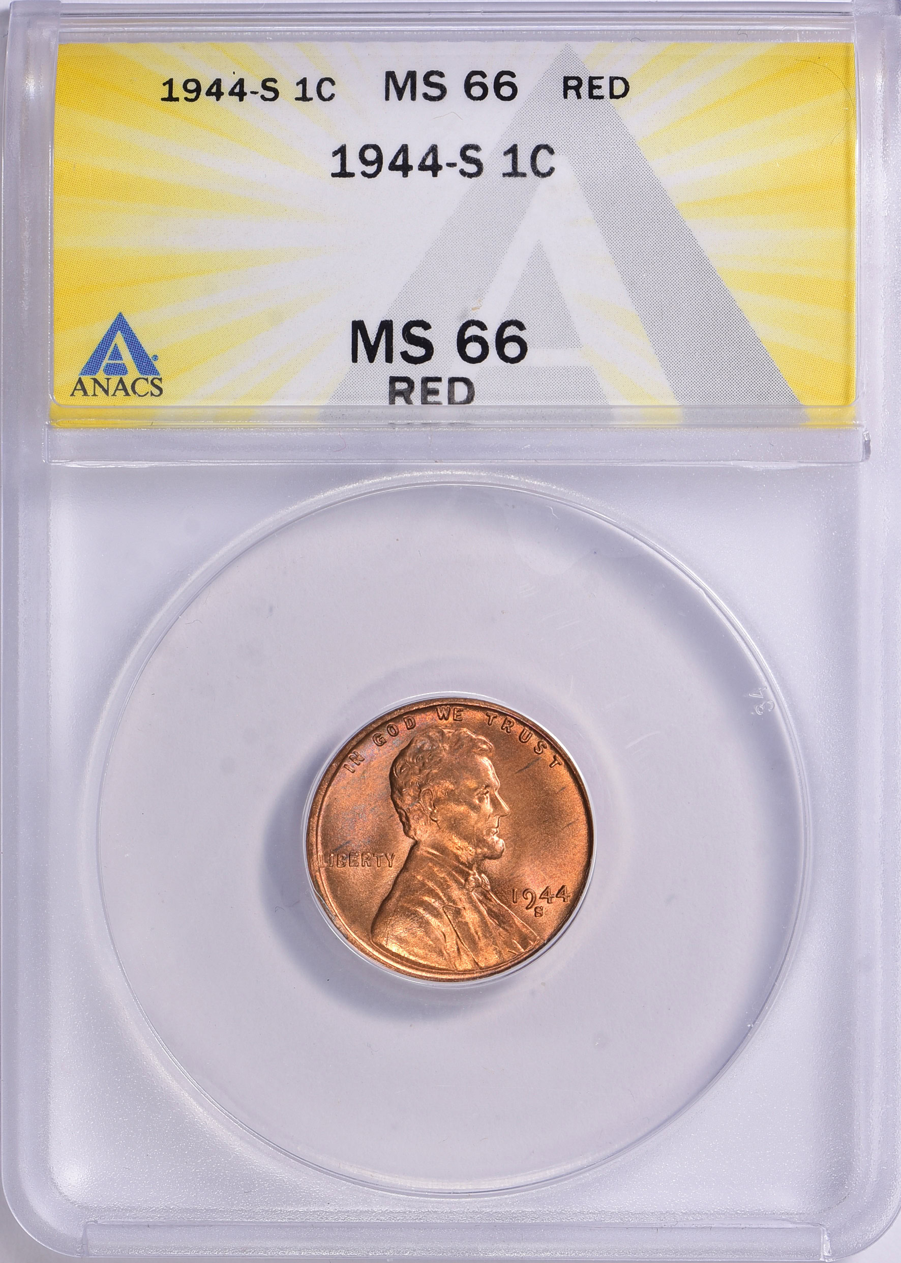 1944-S Lincoln Cent ANACS MS-66 RD (Item 1729119) | GreatCollections Coin Auctions