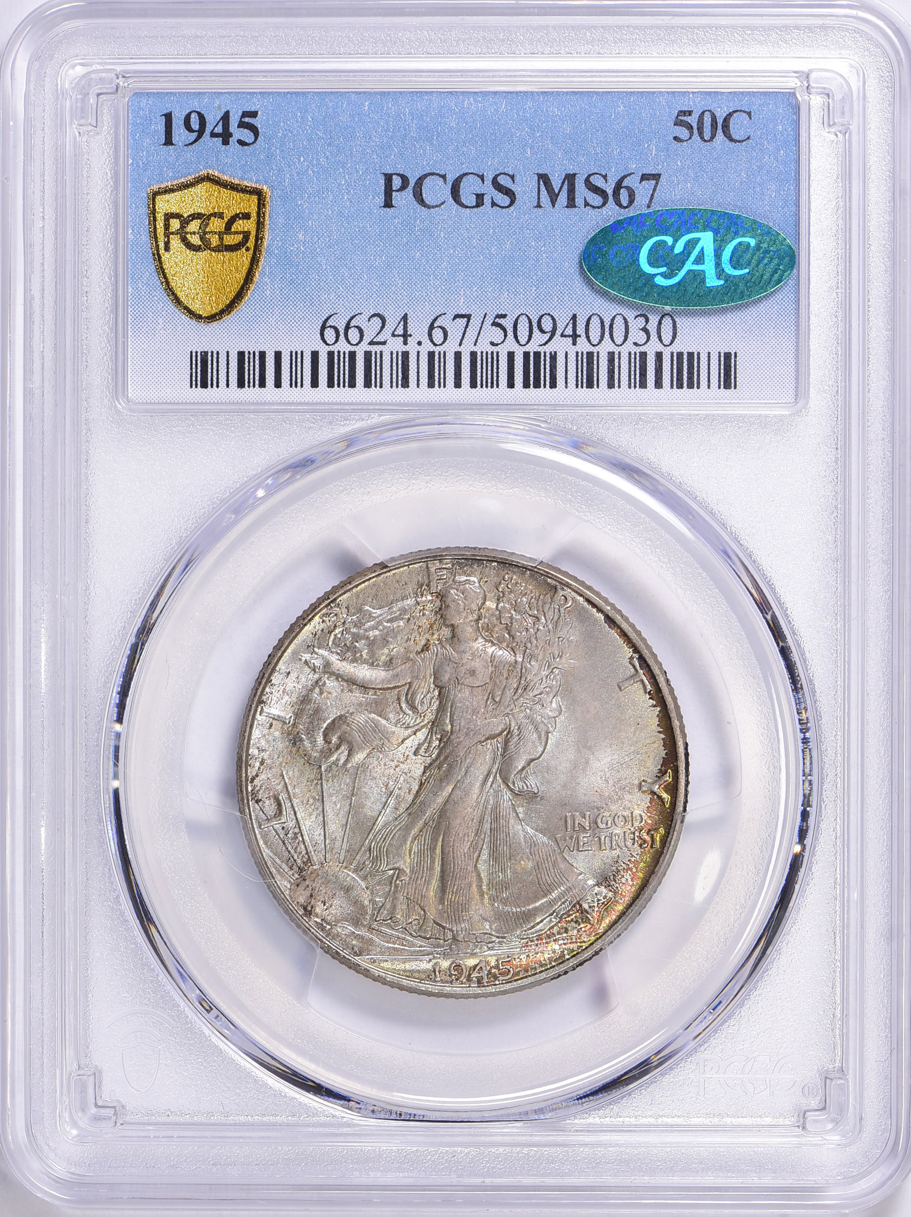 1945 Walking Liberty Half Dollar PCGS MS-67 (CAC Green) (Toned) (Item 1729295 ...