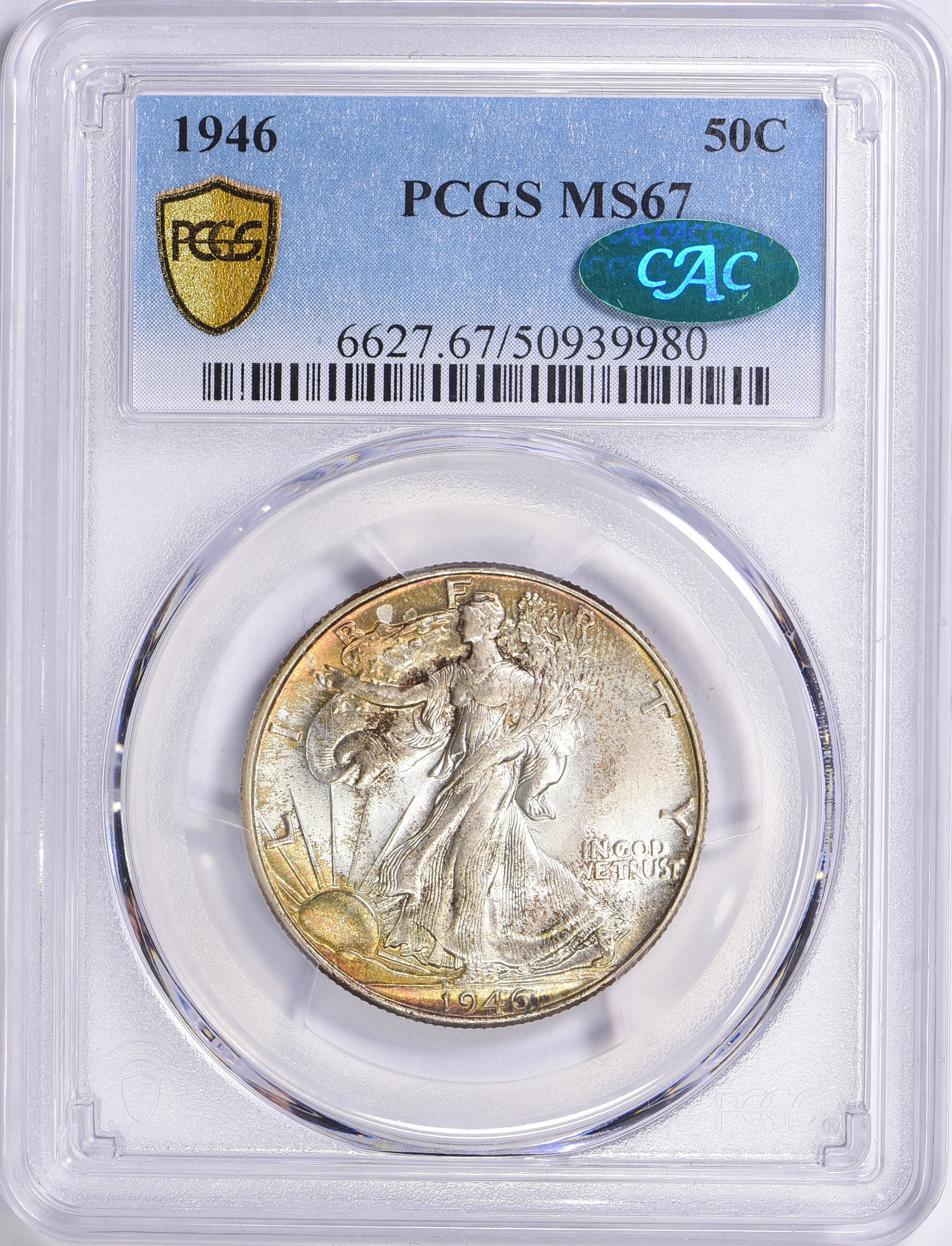 1946 Walking Liberty Half Dollar PCGS MS-67 (CAC Green) (Toned) (Item 1729306 ...