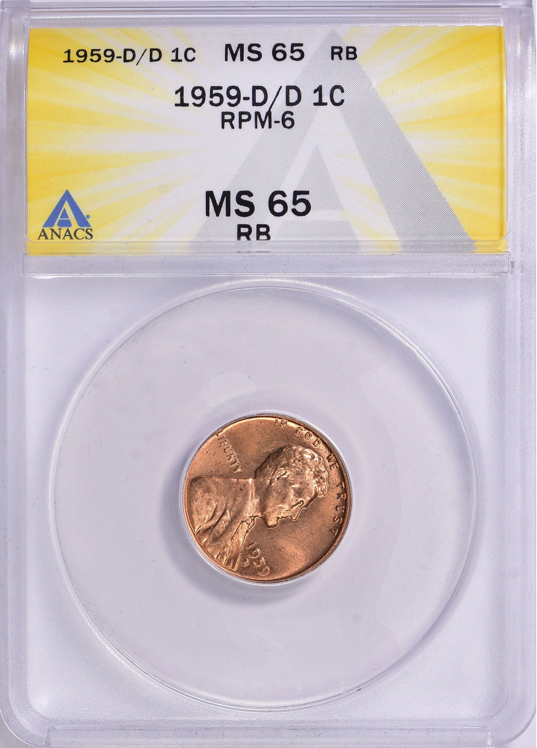 1959-D/D Lincoln Cent RPM-6 ANACS MS-65 RB (Item 1729315) | GreatCollections Coin Auctions