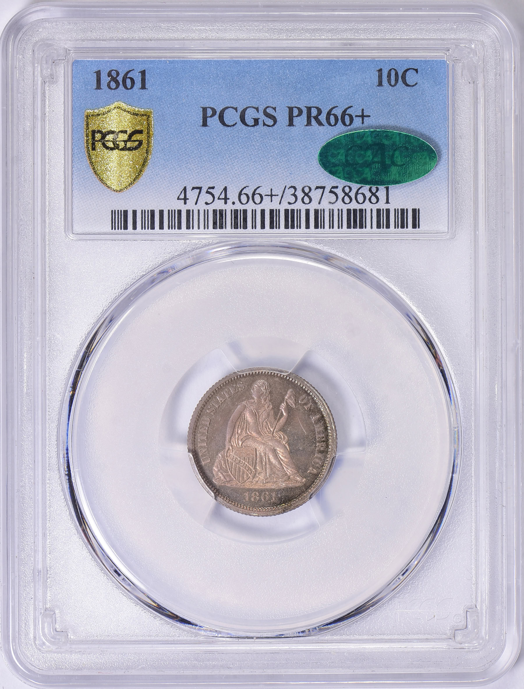 1861 Seated Liberty Dime PCGS Proof-66+ (CAC Green) (Toned) (Item 1729347) | GreatCollections ...
