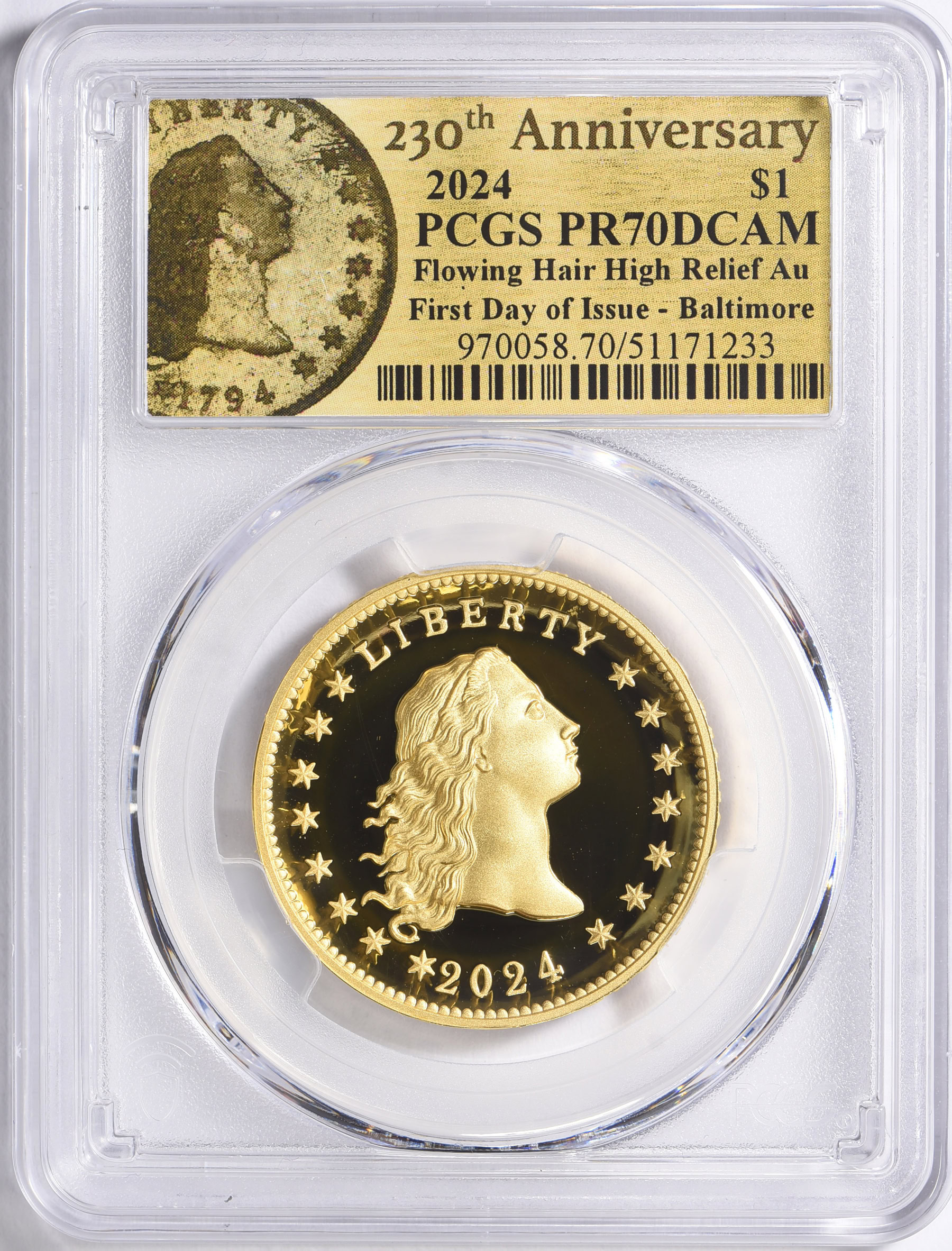 2024 Flowing Hair High Relief Gold Dollar 230th Anniversary First Day ...