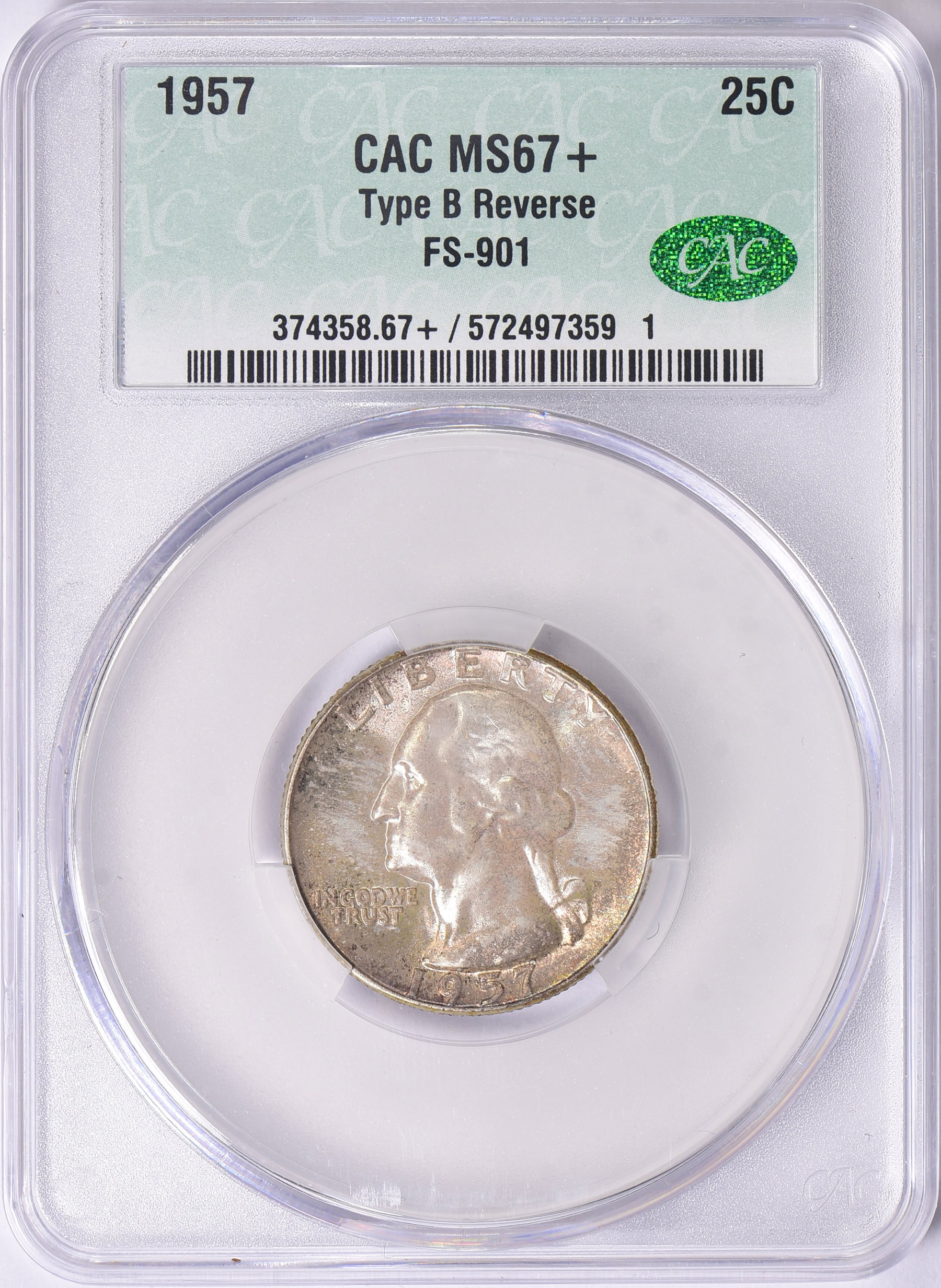 1957 Washington Quarter Type B Reverse FS-901 CACG MS-67+ (Toned) (Item 1729356 ...