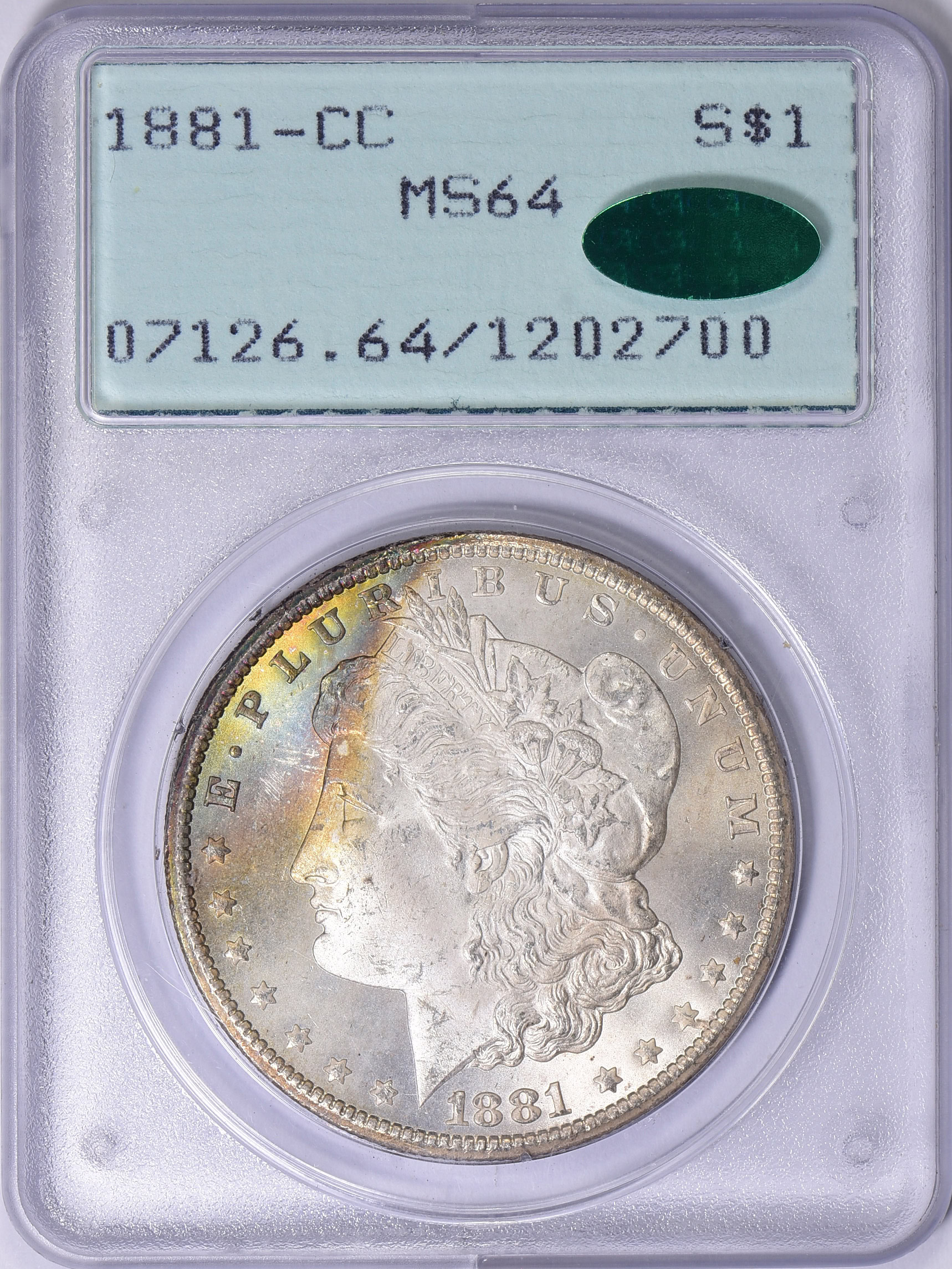 1881-CC Morgan Silver Dollar PCGS MS-64 (CAC Green) OGH (1st Gen) (Toned) (Item 1729410 ...