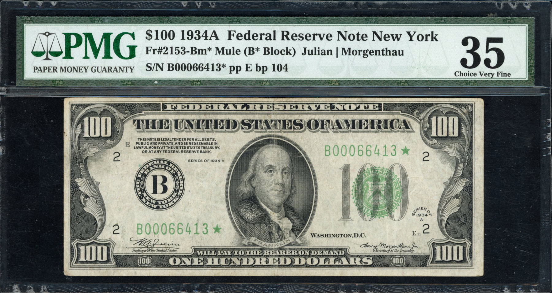 Fr. 2153-Bm* (B* Block) 1934A $100 New York Federal Reserve Mule Star Note Julian / Morgenthau ...
