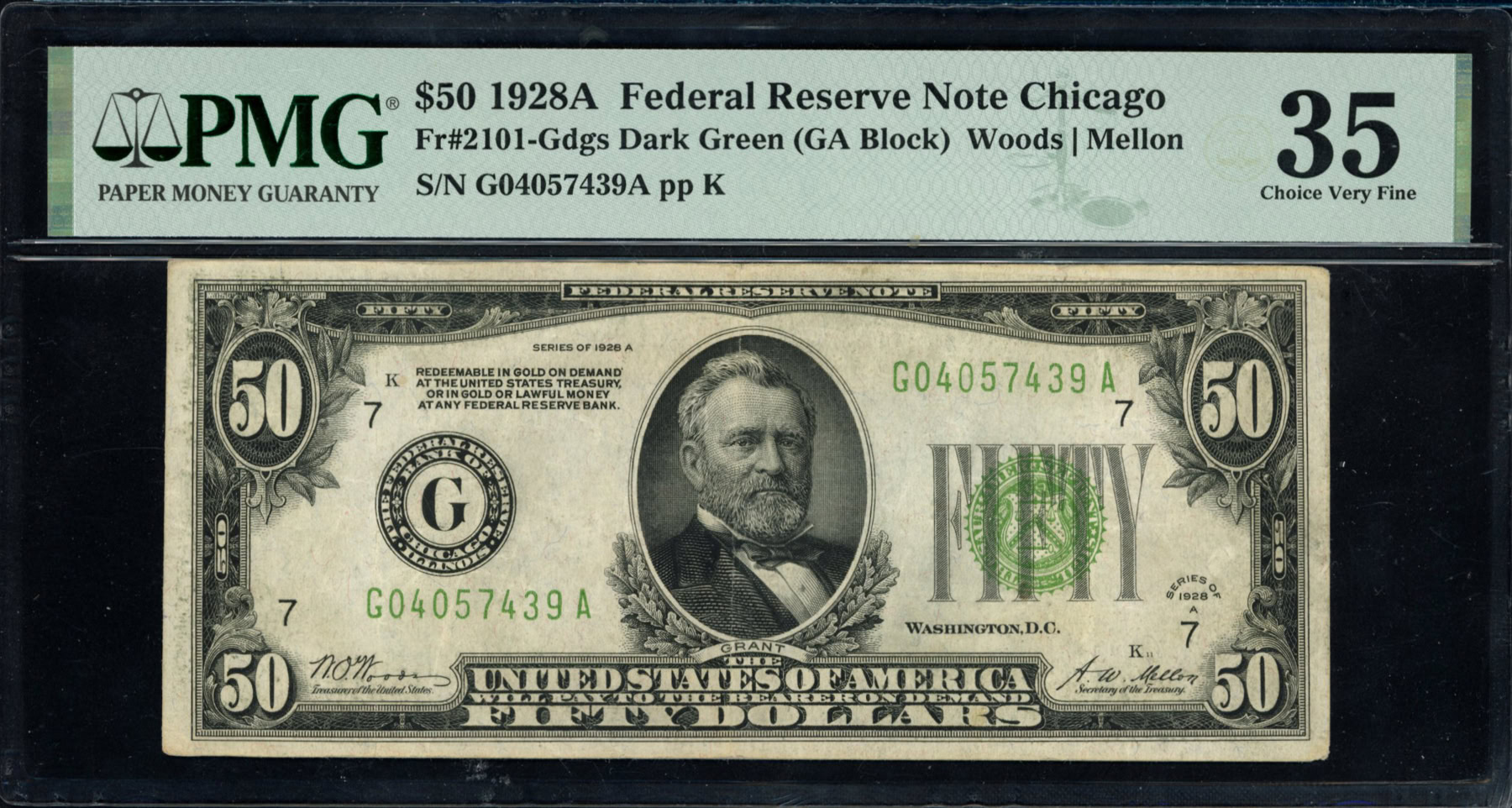 Fr. 2101-Gdgs Dark Green (GA Block) 1928A $50 Chicago Federal Reserve ...