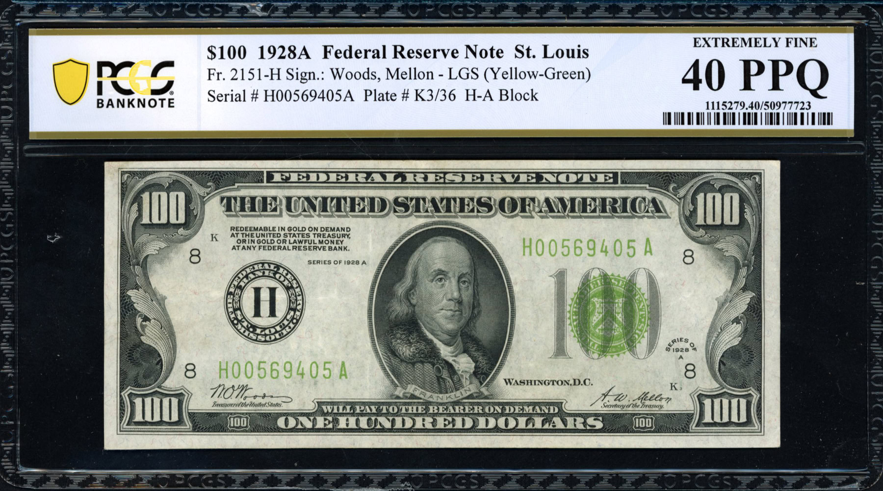 Fr. 2151-Hlgs Light Green (HA Block) 1928A $100 St. Louis Federal ...