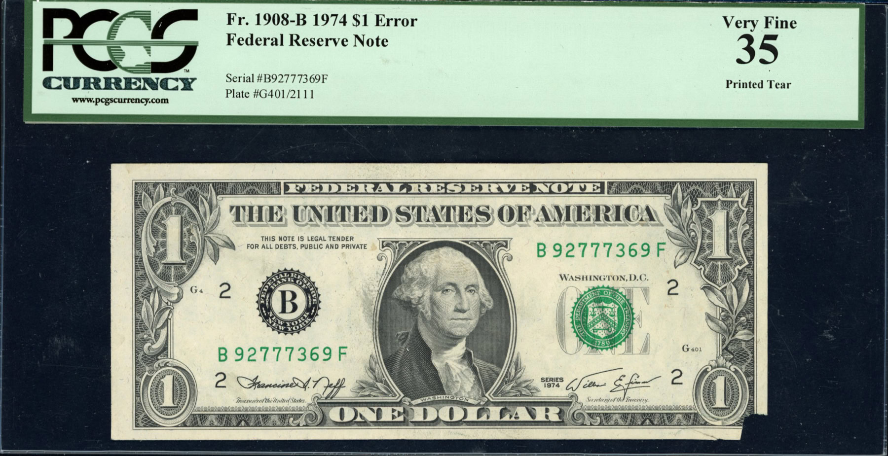 Fr. 1908-B (BF Block) 1974 $1 New York Federal Reserve Error Note ...
