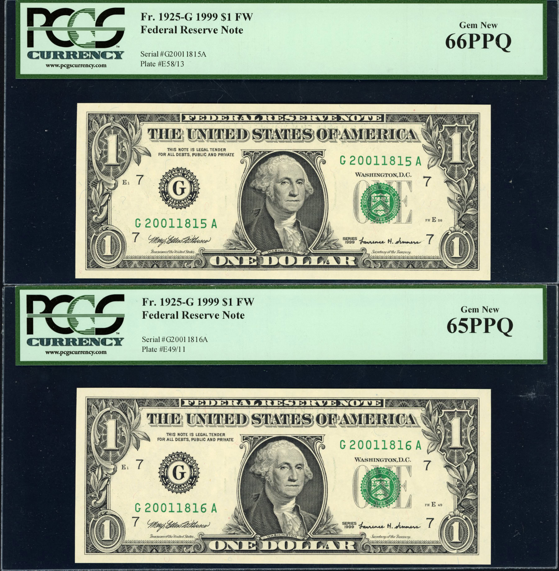 Fr. 1925-G (GA Block) 1999 $1 Chicago Federal Reserve Notes Sequential ...