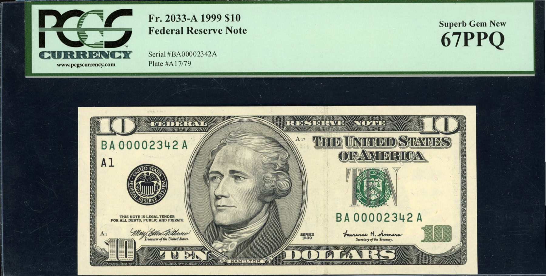 Fr. 2033-A (BAA Block) 1999 $10 Boston Federal Reserve Note Low Serial ...