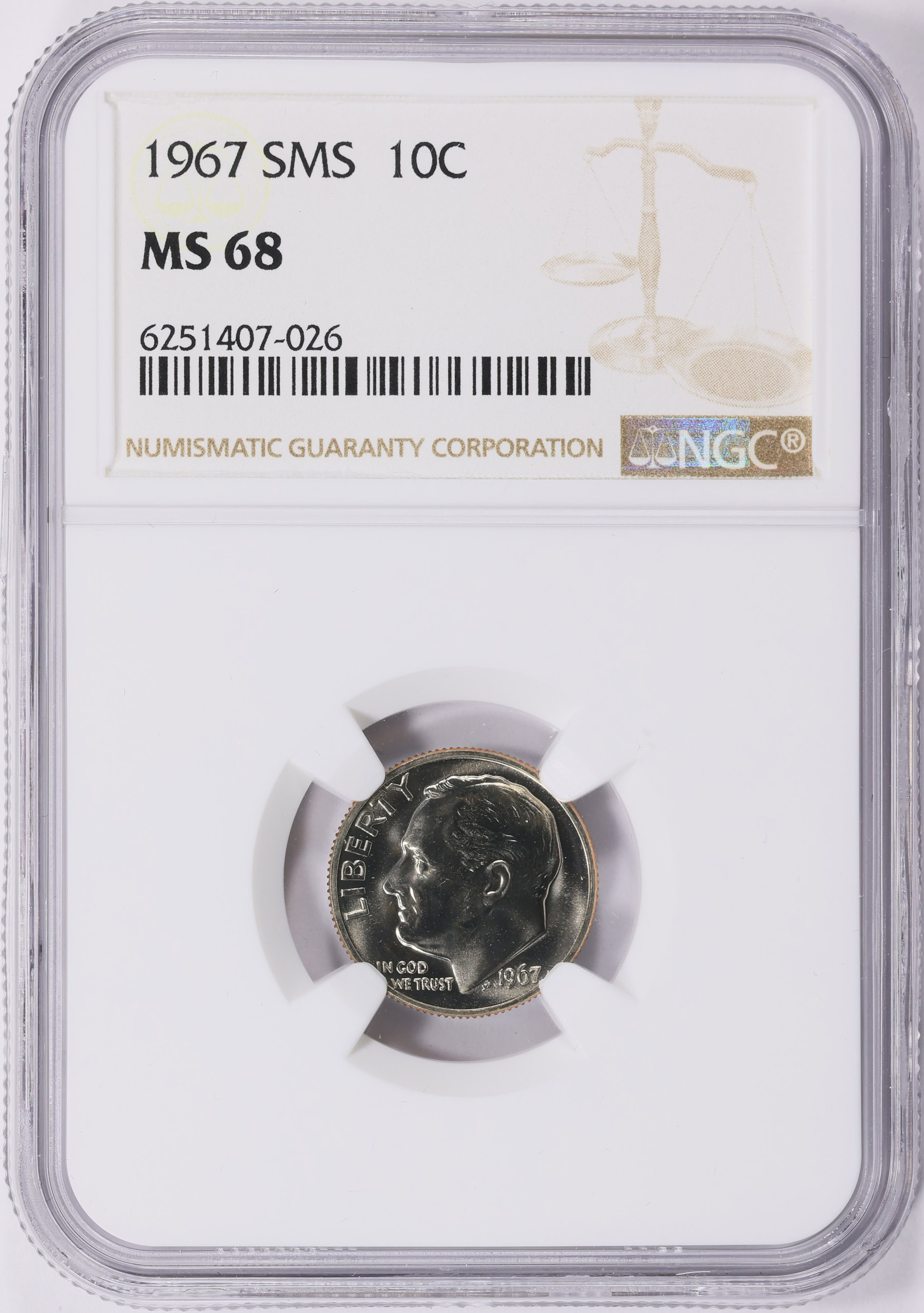 1967 Roosevelt Dime SMS NGC MS-68 (Item 1729894) | GreatCollections ...