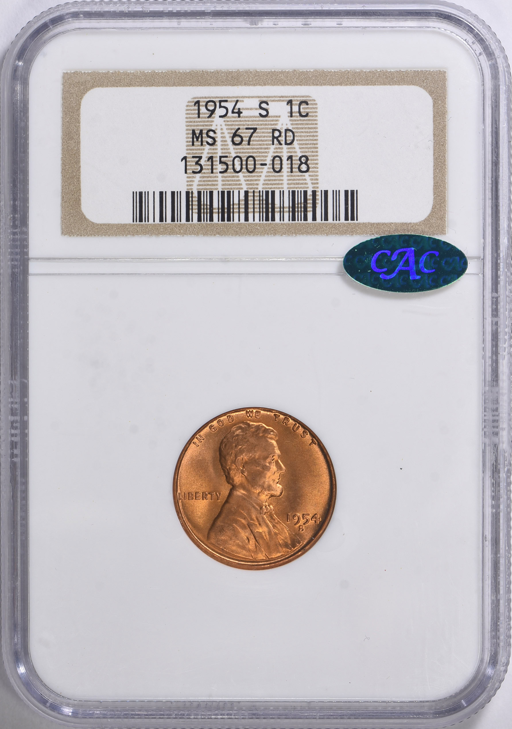 1954-S Lincoln Cent NGC MS-67 RD (CAC Green) (Item 1730024) | GreatCollections Coin Auctions