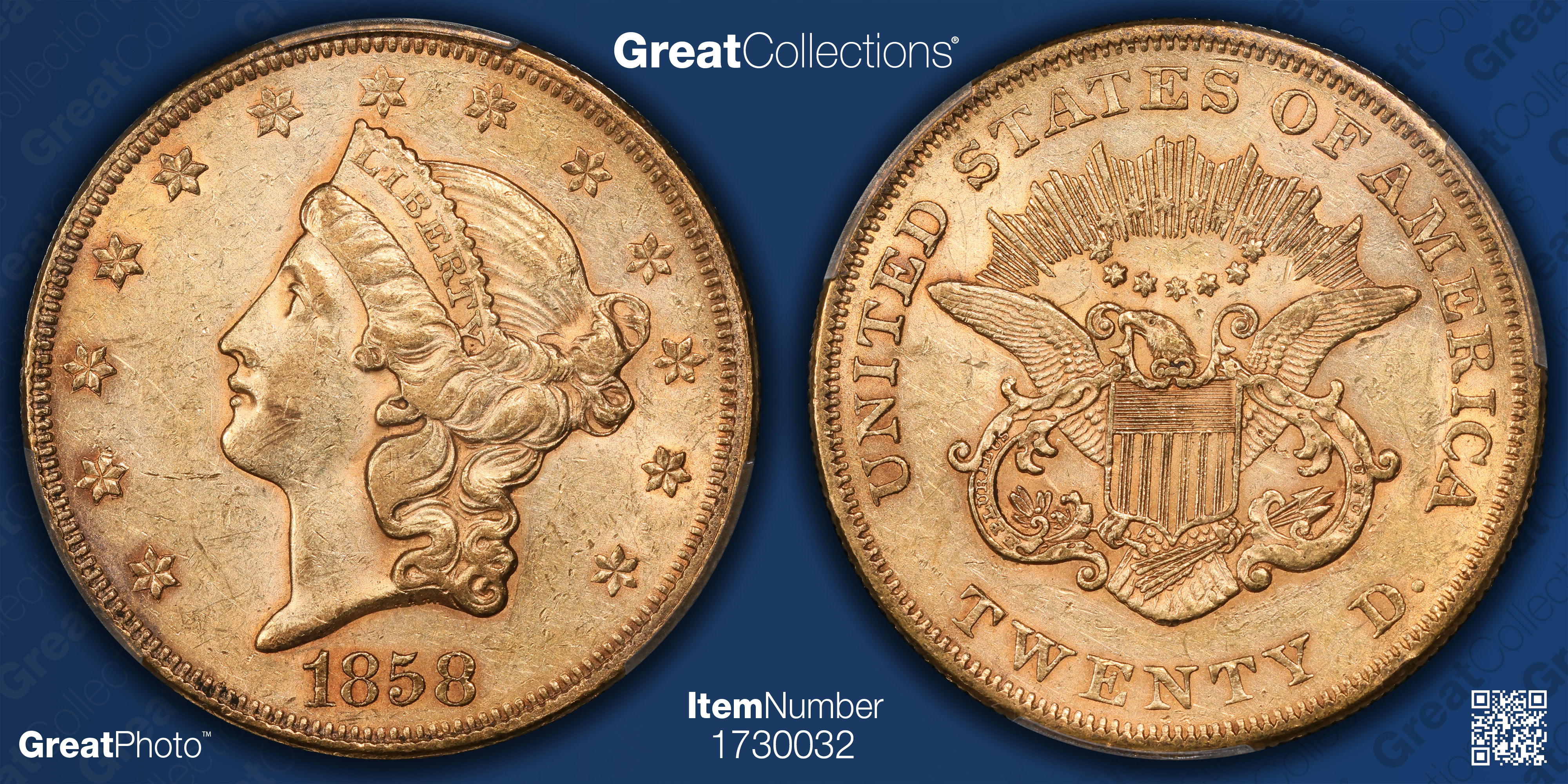 1858 Liberty Gold Double Eagle PCGS AU-58 (Item 1730032 ...