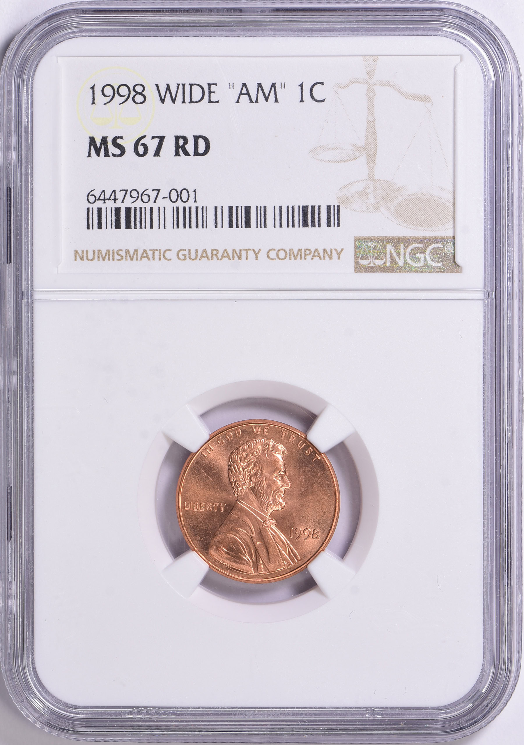 1998 Lincoln Cent Wide AM NGC MS-67 RD (Item 1730086 ...