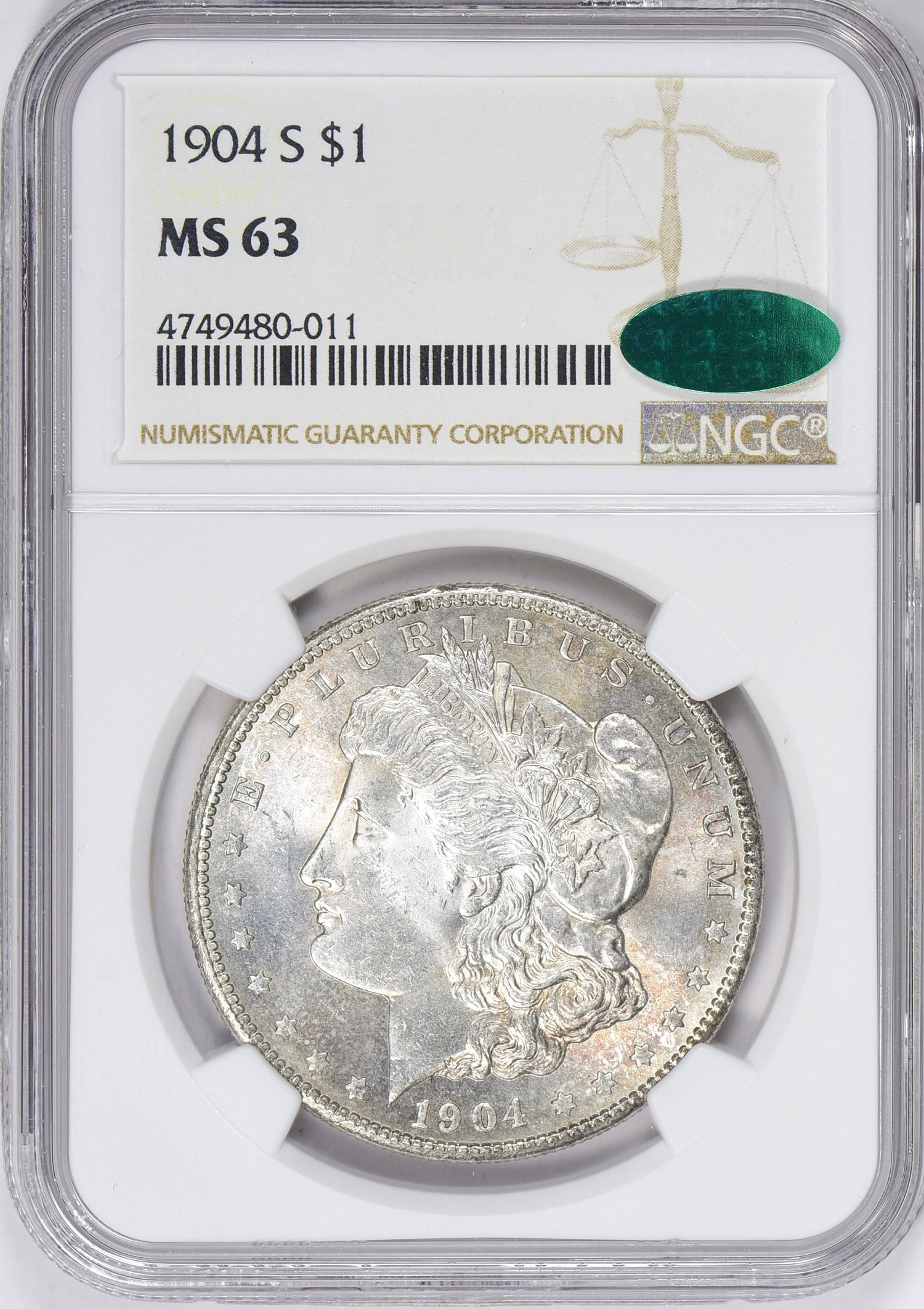 1904-S Morgan Silver Dollar NGC MS-63 (CAC Green) (Item 1730148) | GreatCollections Coin Auctions
