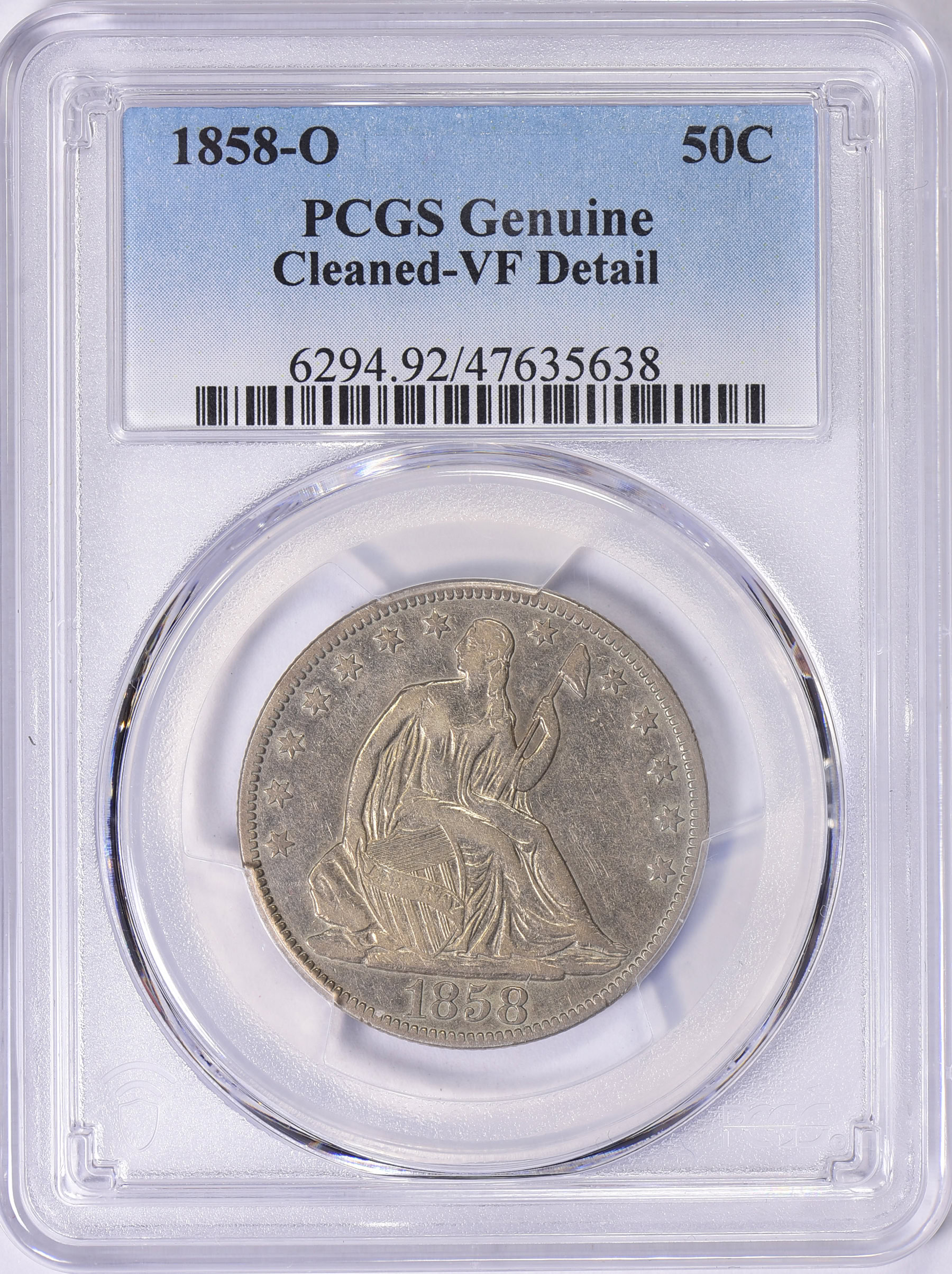 1858-O Seated Liberty Half Dollar PCGS Genuine VF Details (Item 1730176) | GreatCollections Coin ...